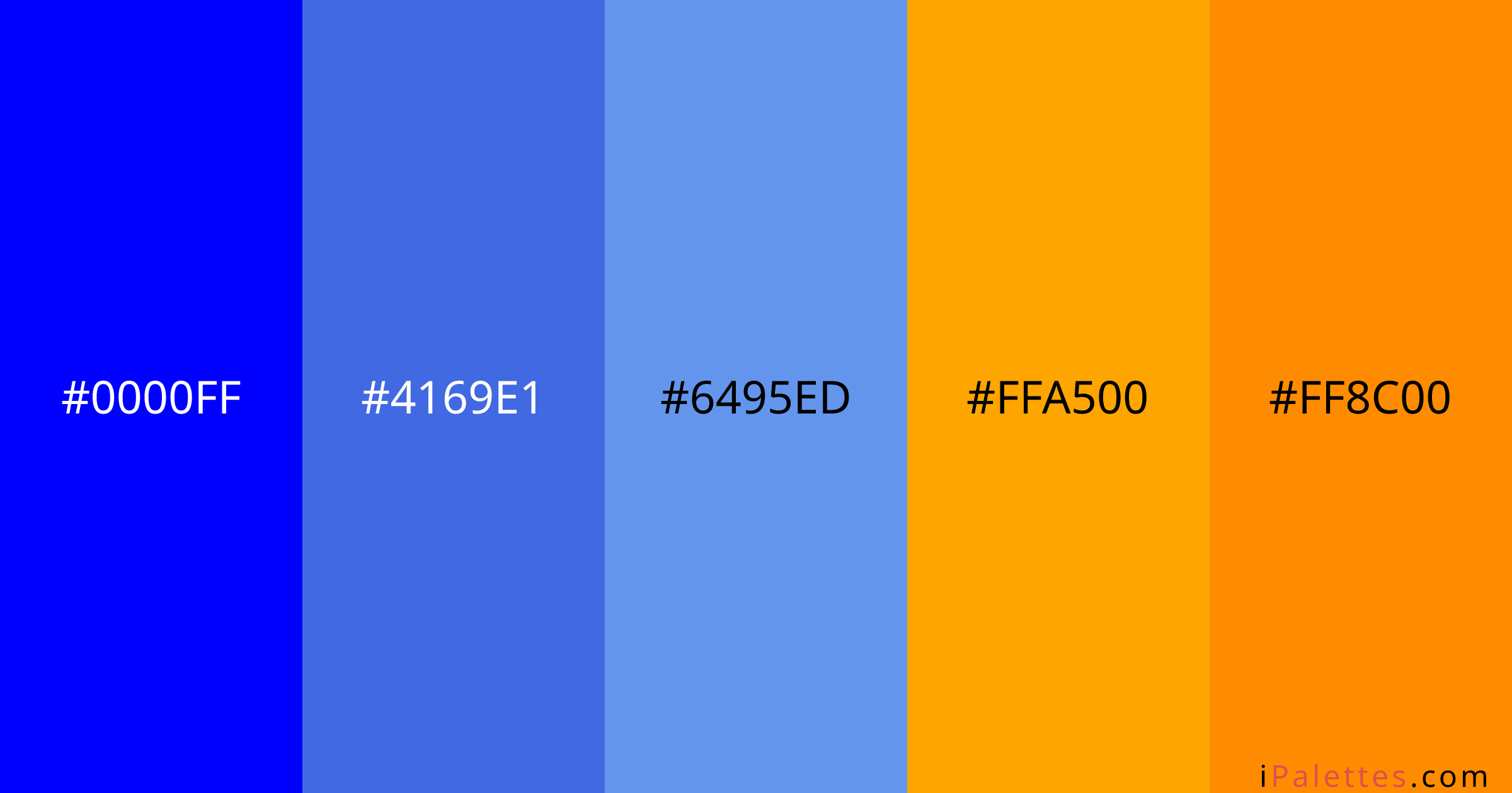 Blue and orange Color Palette and colors #0000FF #4169E1 #6495ED # ...
