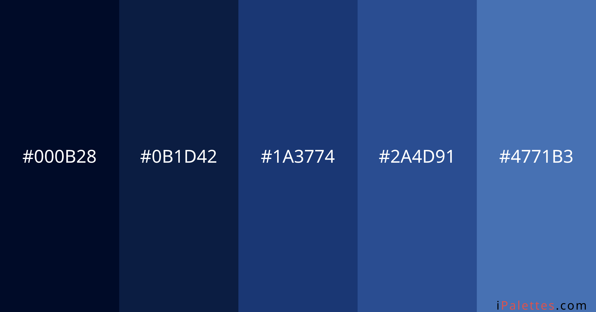 Deep sea Color Palette and colors #000B28 #0B1D42 #1A3774 #2A4D91 ...