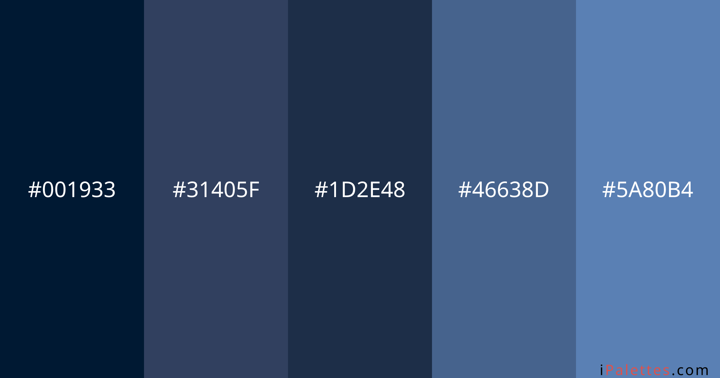 Blue midnight Color Palette and colors #001933 #31405f #1d2e48 #46638d ...