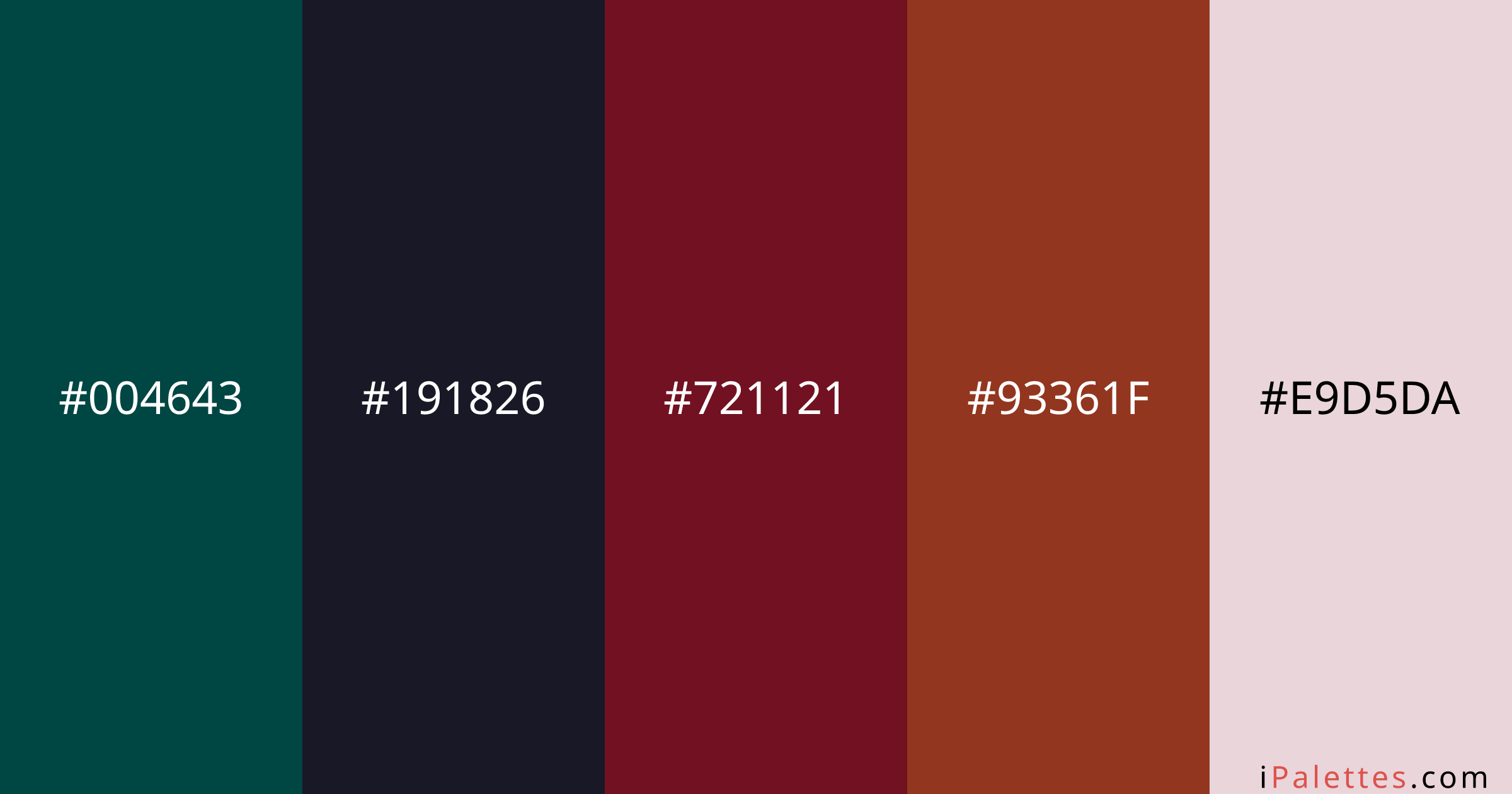 Dark summer Color Palette and colors #004643 #191826 #721121 #93361F # ...