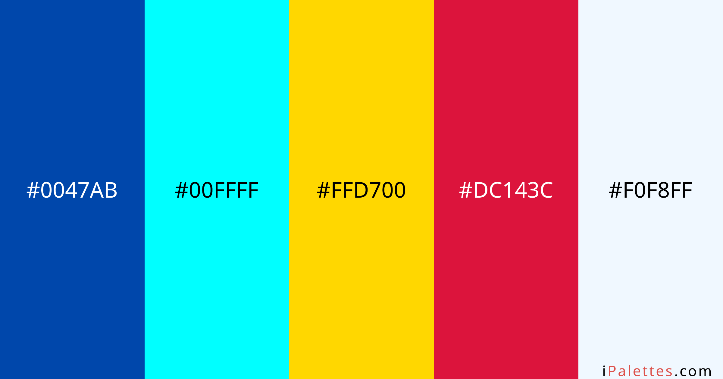 Jormuntide Color Palette and colors #0047AB #00FFFF #FFD700 #DC143C # ...