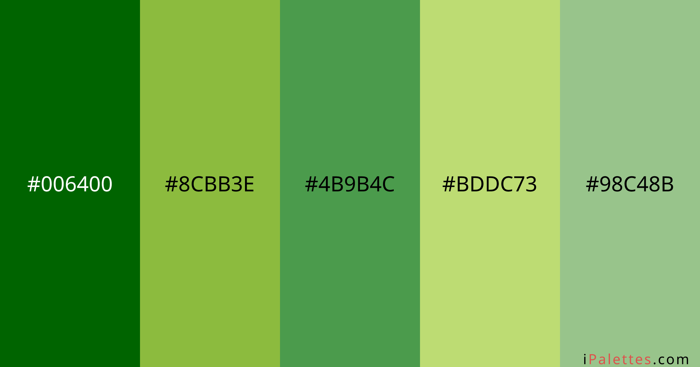 Lush Greenery Color Palette and colors #006400 #8CBB3E #4B9B4C #BDDC73 ...