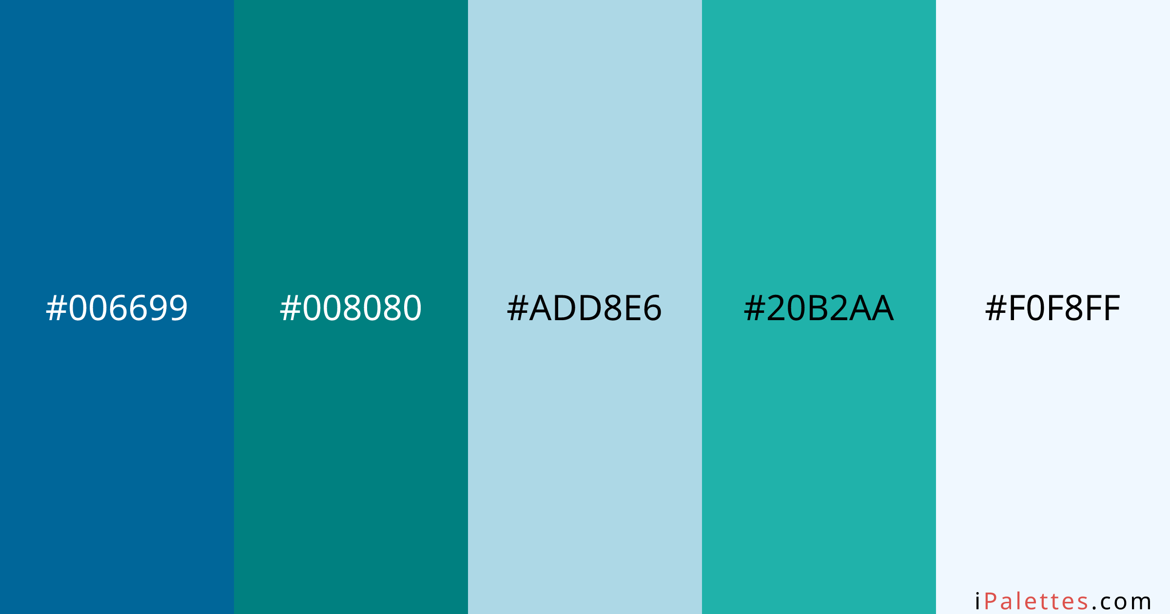 Ocean Color Palette and colors #006699 #008080 #ADD8E6 #20B2AA #F0F8FF ...