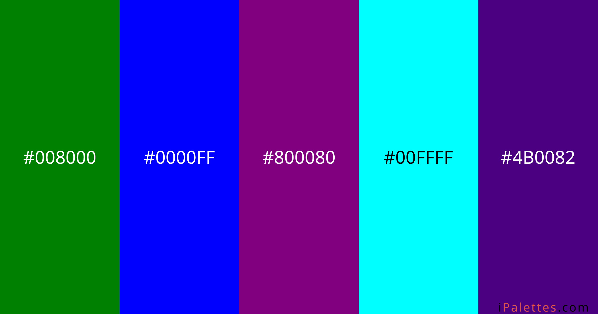 Aurora Color Palette and colors #008000 #0000FF #800080 #00FFFF #4B0082 ...