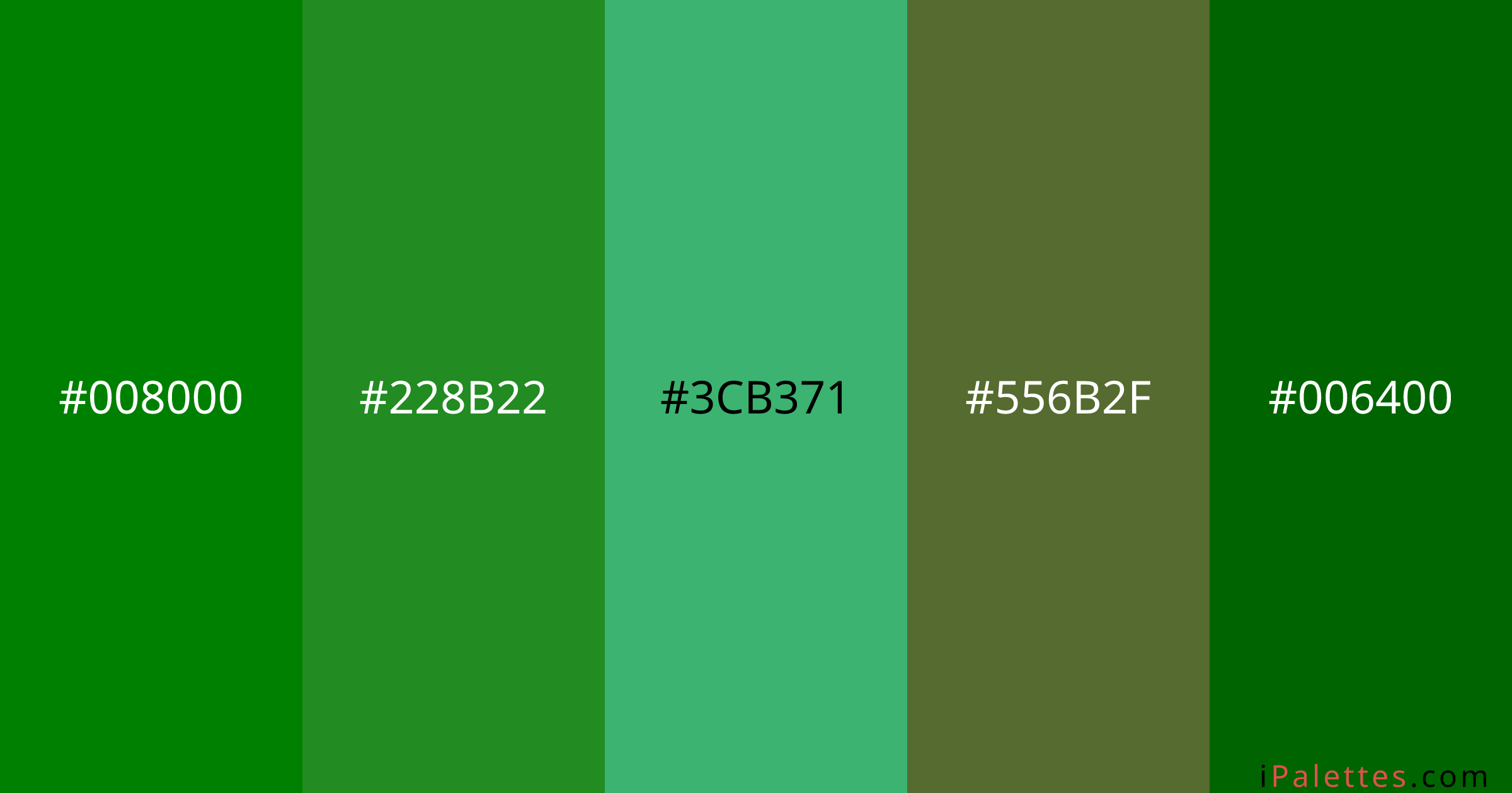 Amazon Color Palette and colors #008000 #228B22 #3CB371 #556B2F #006400 ...