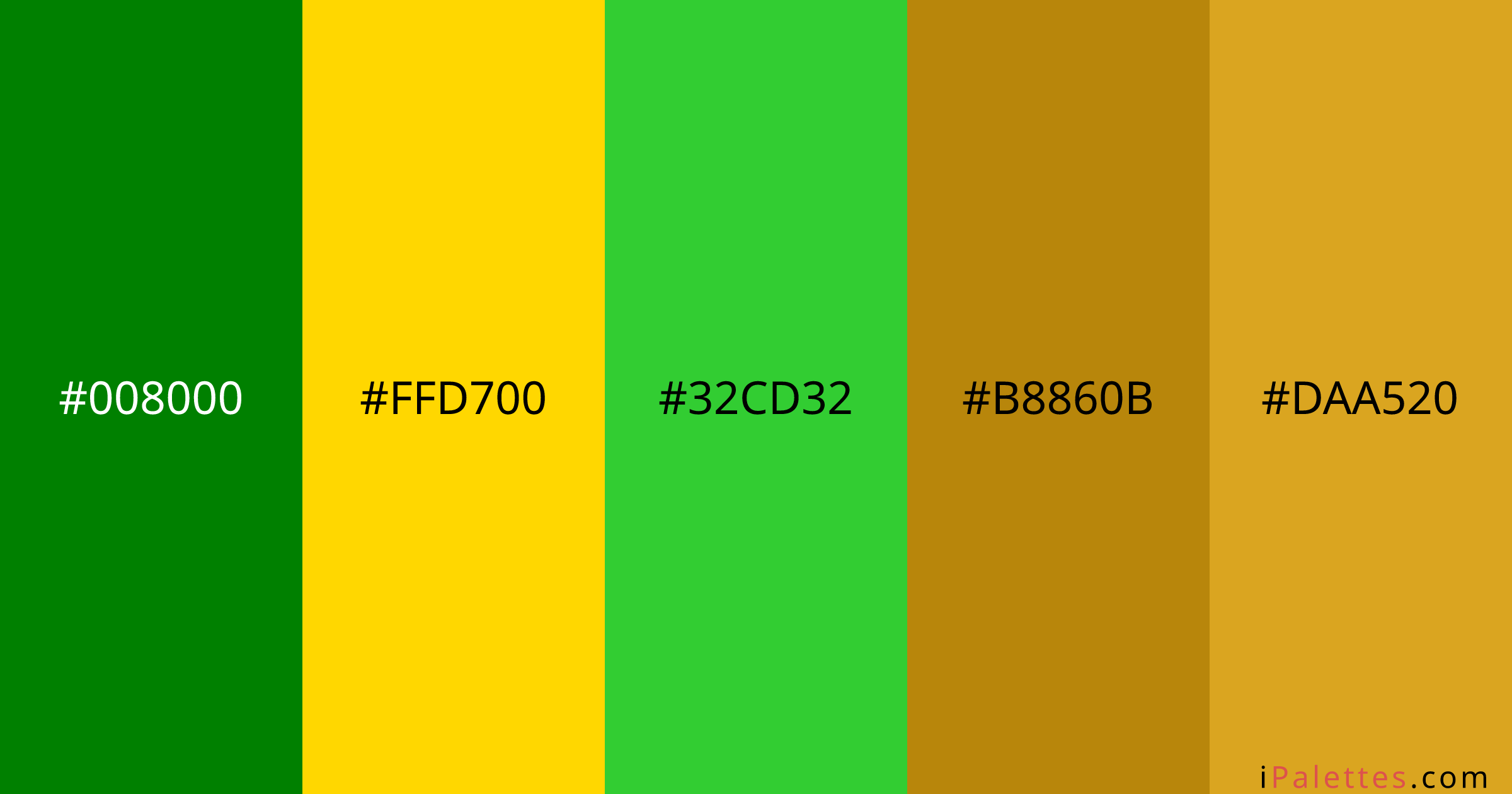 Green and gold Color Palette and colors #008000 #FFD700 #32CD32 #B8860B ...