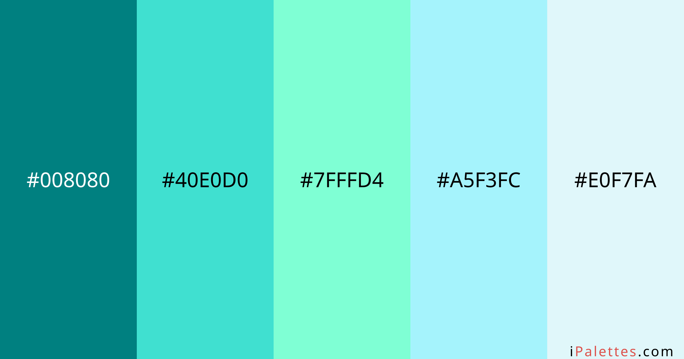 Hijau tosca Color Palette and colors #008080 #40E0D0 #7FFFD4 #A5F3FC # ...