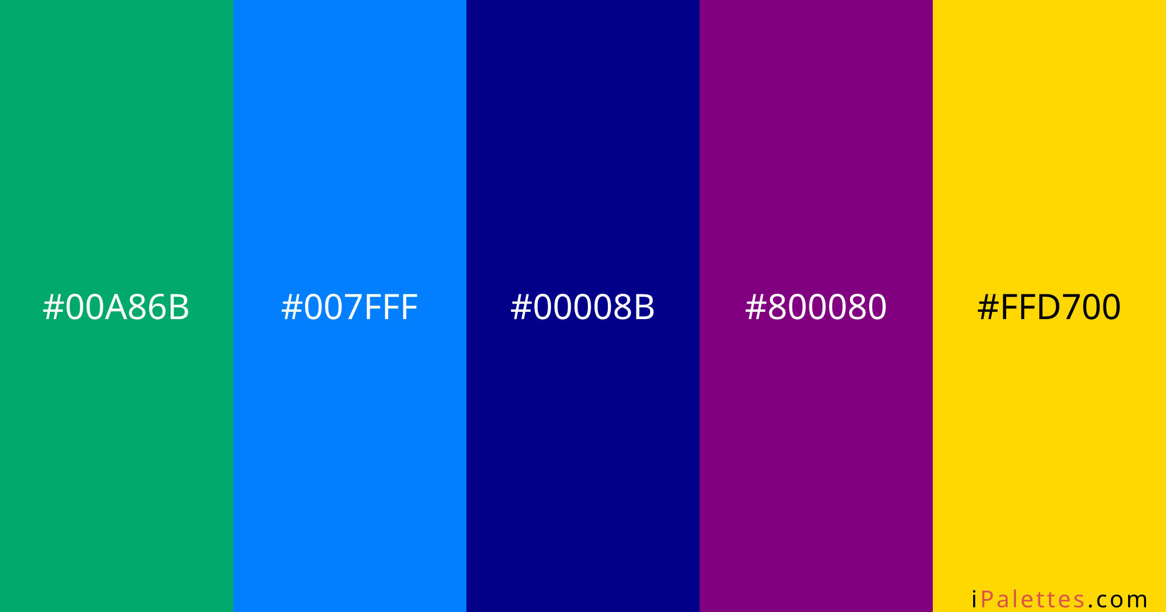 Gemstone Color Palette and colors #00A86B #007FFF #00008B #800080 # ...