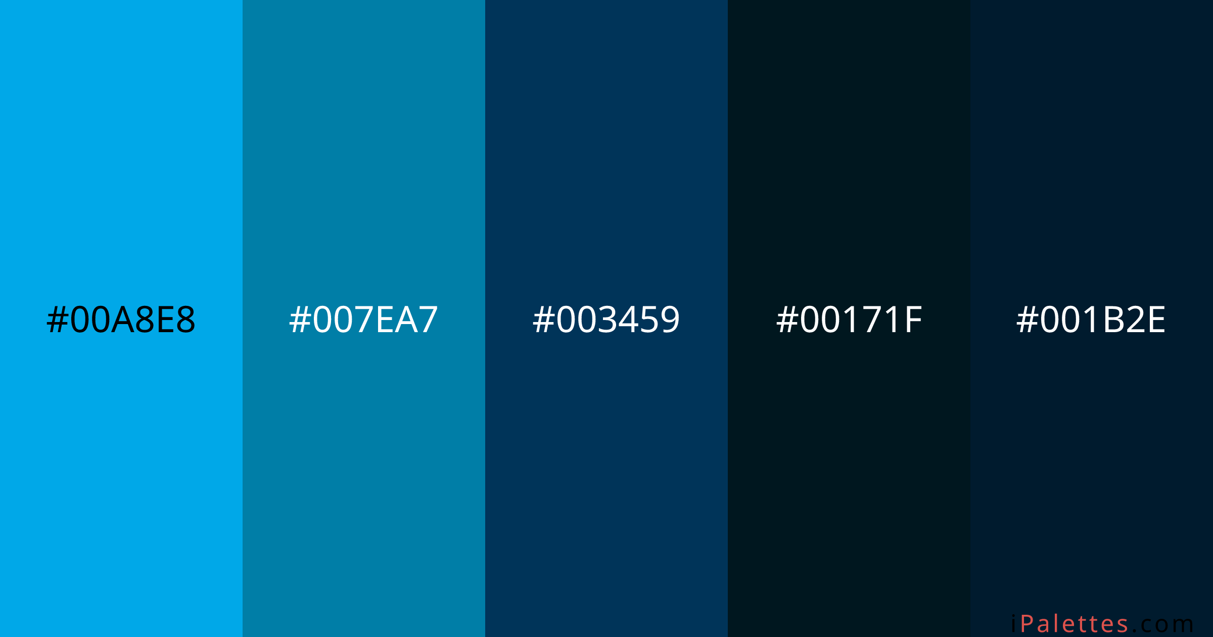 Cooler Color Palette and colors #00A8E8 #007EA7 #003459 #00171F #001B2E ...