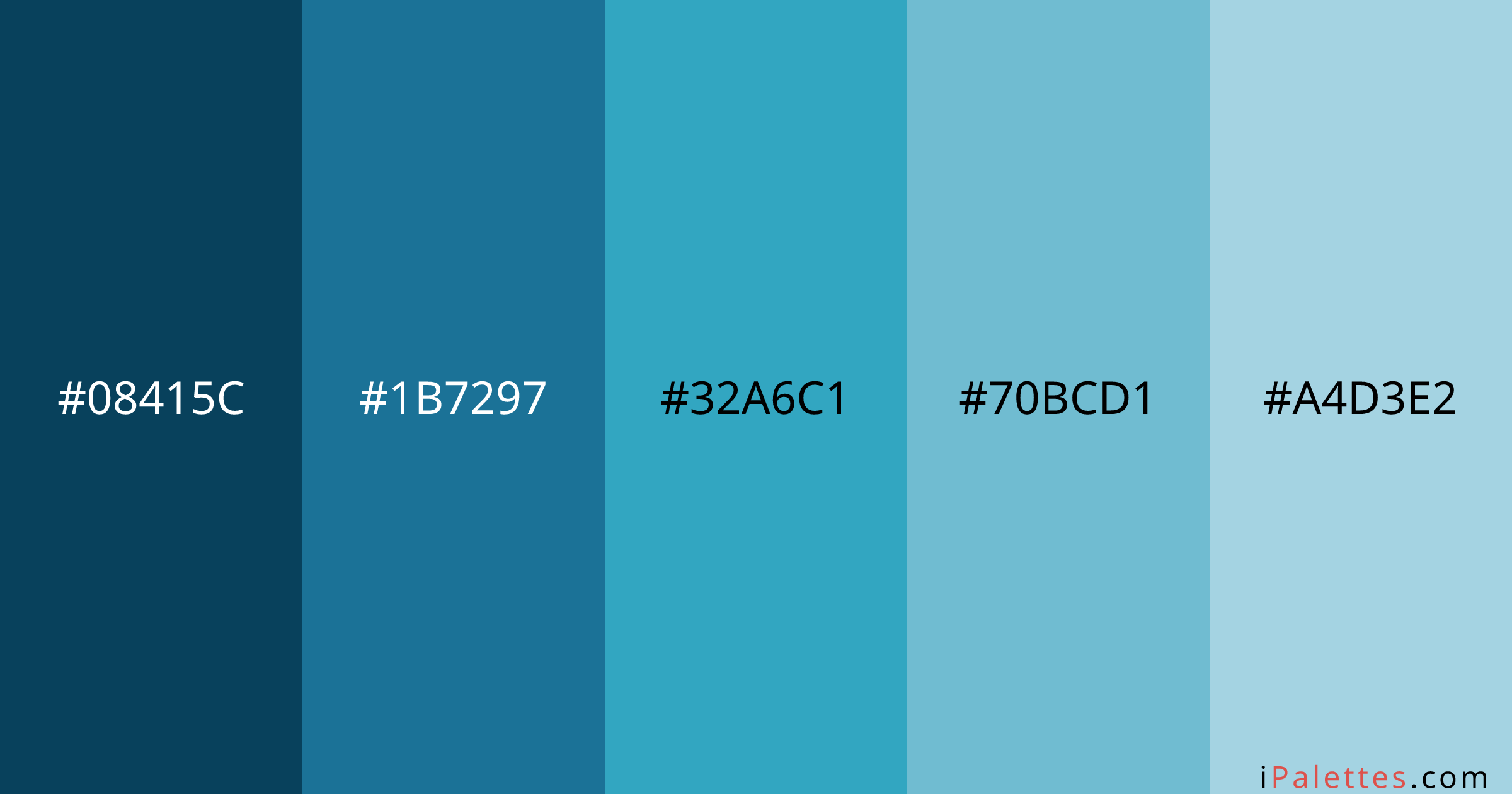 Ocean Color Palette and colors #08415C #1B7297 #32A6C1 #70BCD1 #A4D3E2 ...