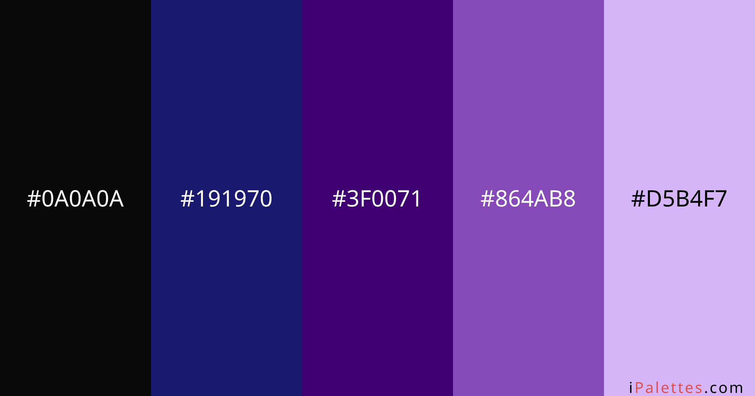 Space Color Palette and colors #0A0A0A #191970 #3F0071 #864AB8 #D5B4F7 ... Space Color Palette and colors #0A0A0A #191970 #3F0071 #864AB8 #D5B4F7 ...