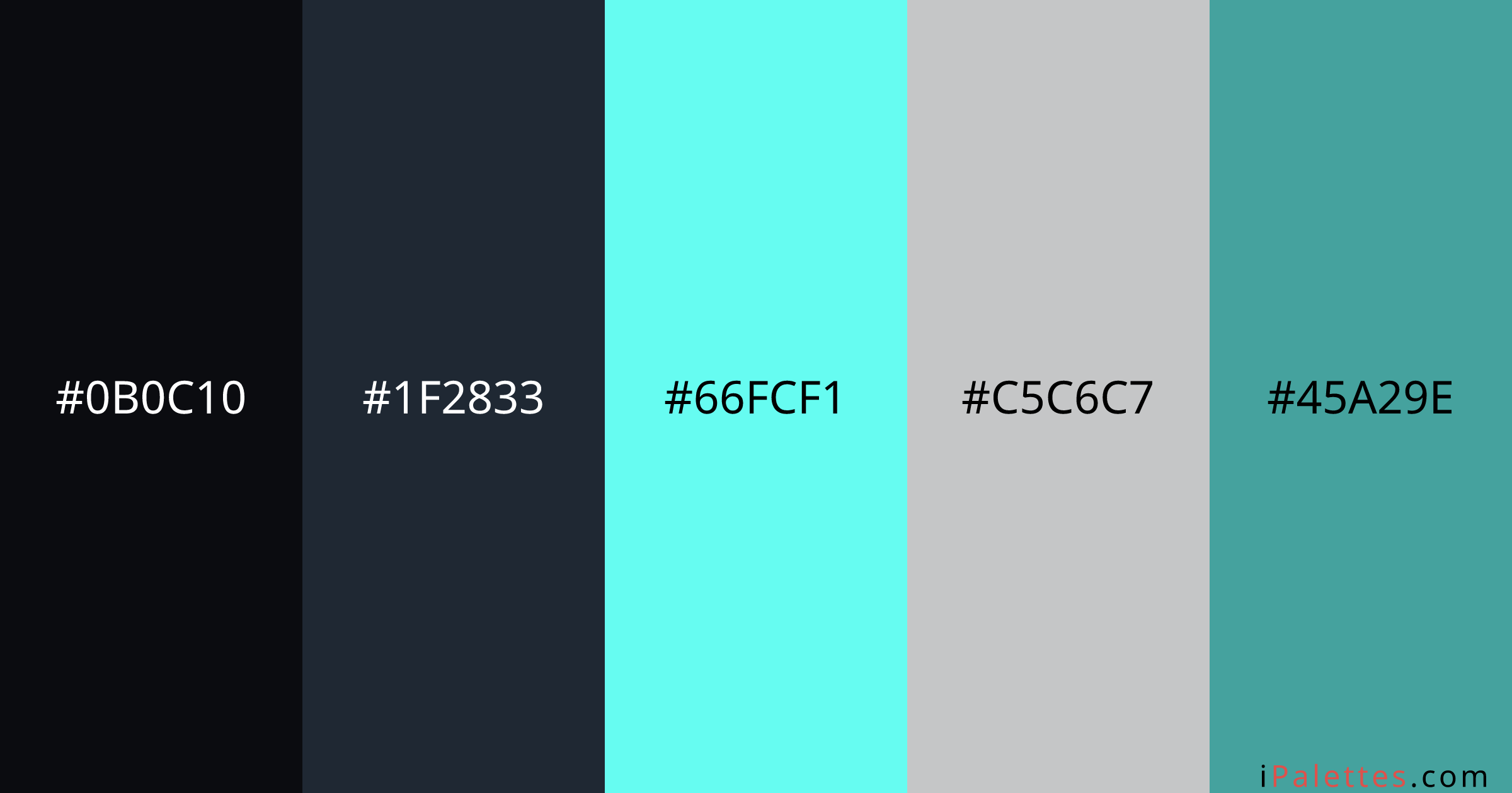 Galaxy Color Palette and colors #0B0C10 #1F2833 #66FCF1 #C5C6C7 #45A29E ...