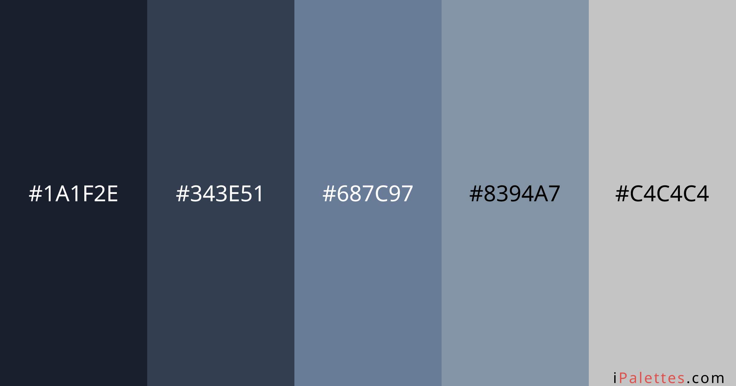 宇宙 Color Palette and colors #1a1f2e #343e51 #687c97 #8394a7 #c4c4c4 ...