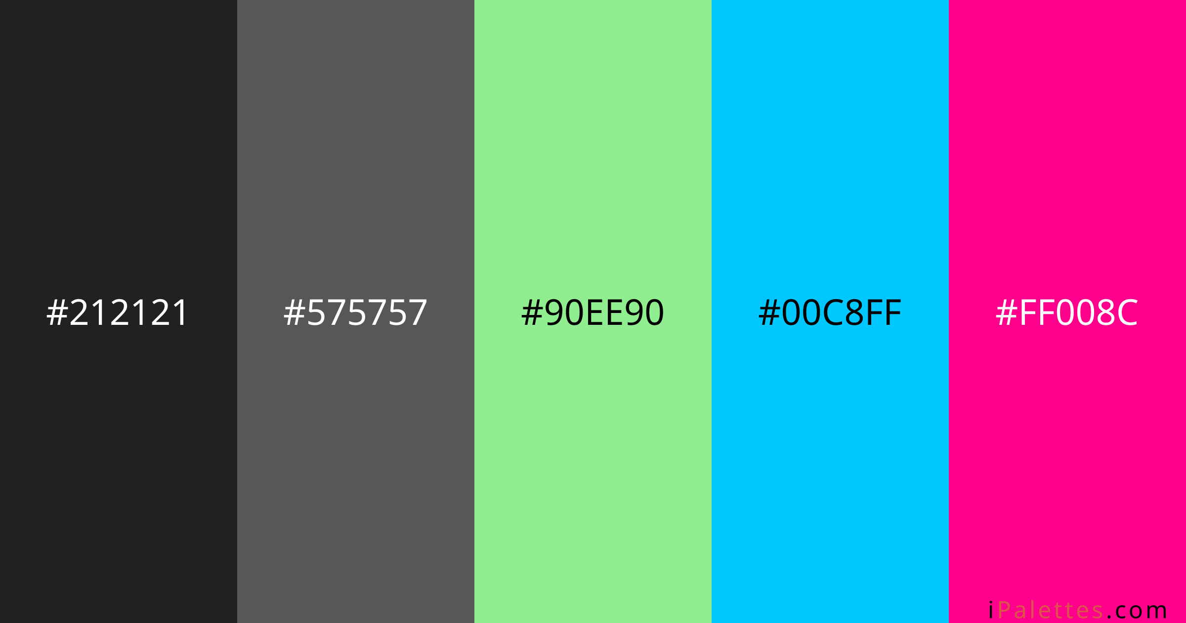 Astro Color Palette and colors #212121 #575757 #90ee90 #00c8ff #ff008c ...