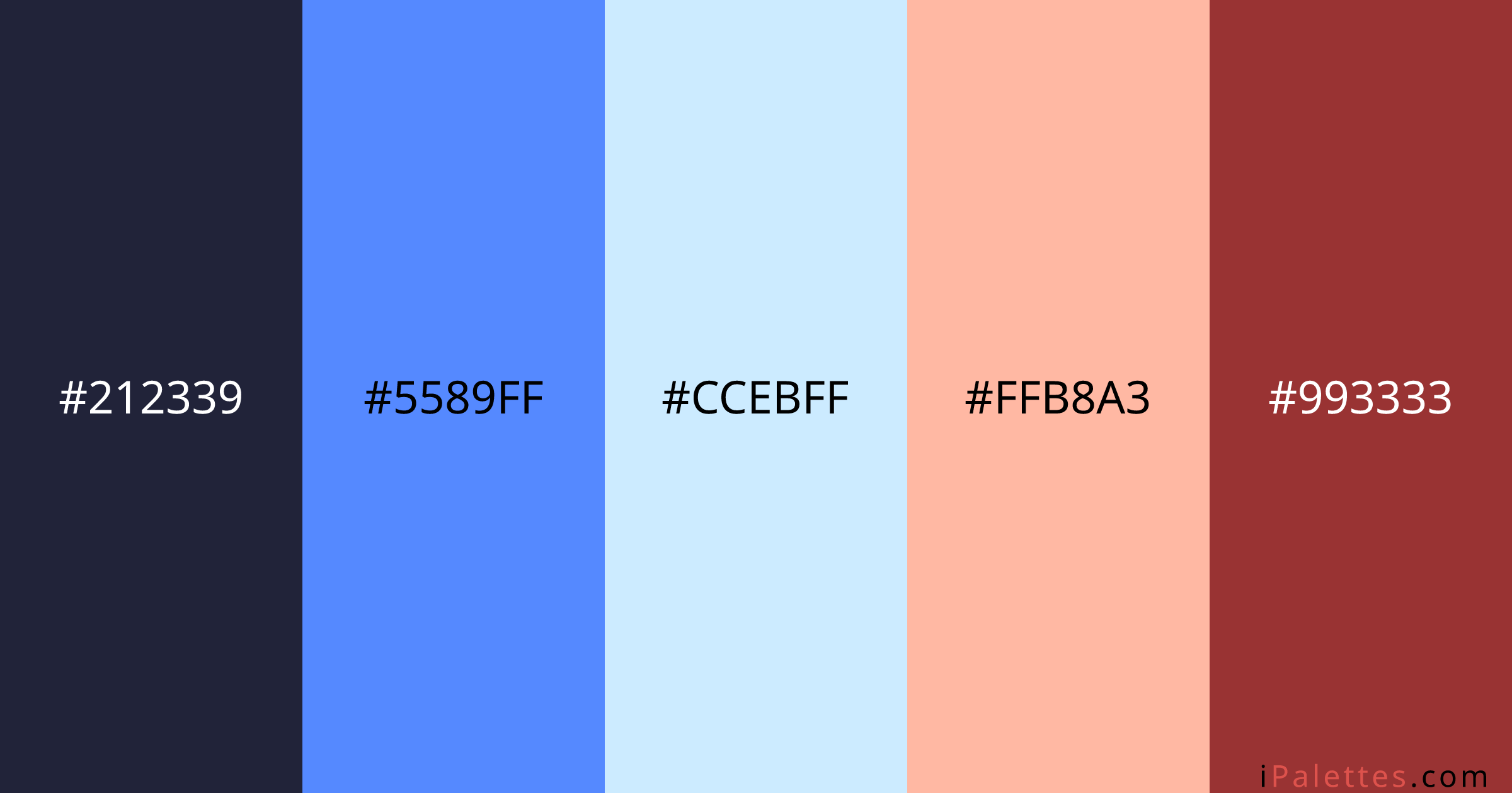 Cosmo Color Palette and colors #212339 #5589ff #ccebff #ffb8a3 #993333 ...
