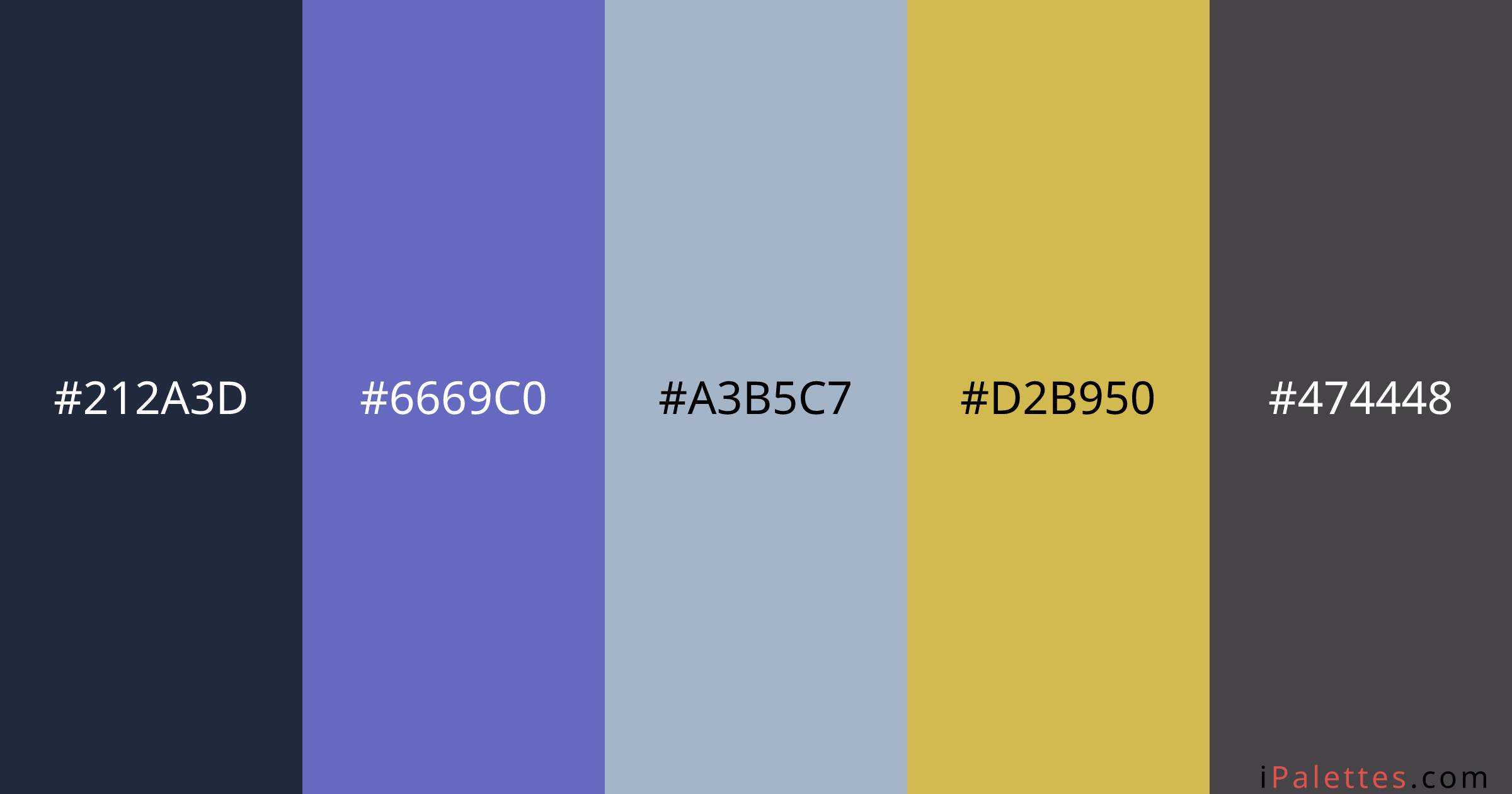 Astro Novalite Color Palette and colors #212a3d #6669c0 #a3b5c7 #d2b950 ...