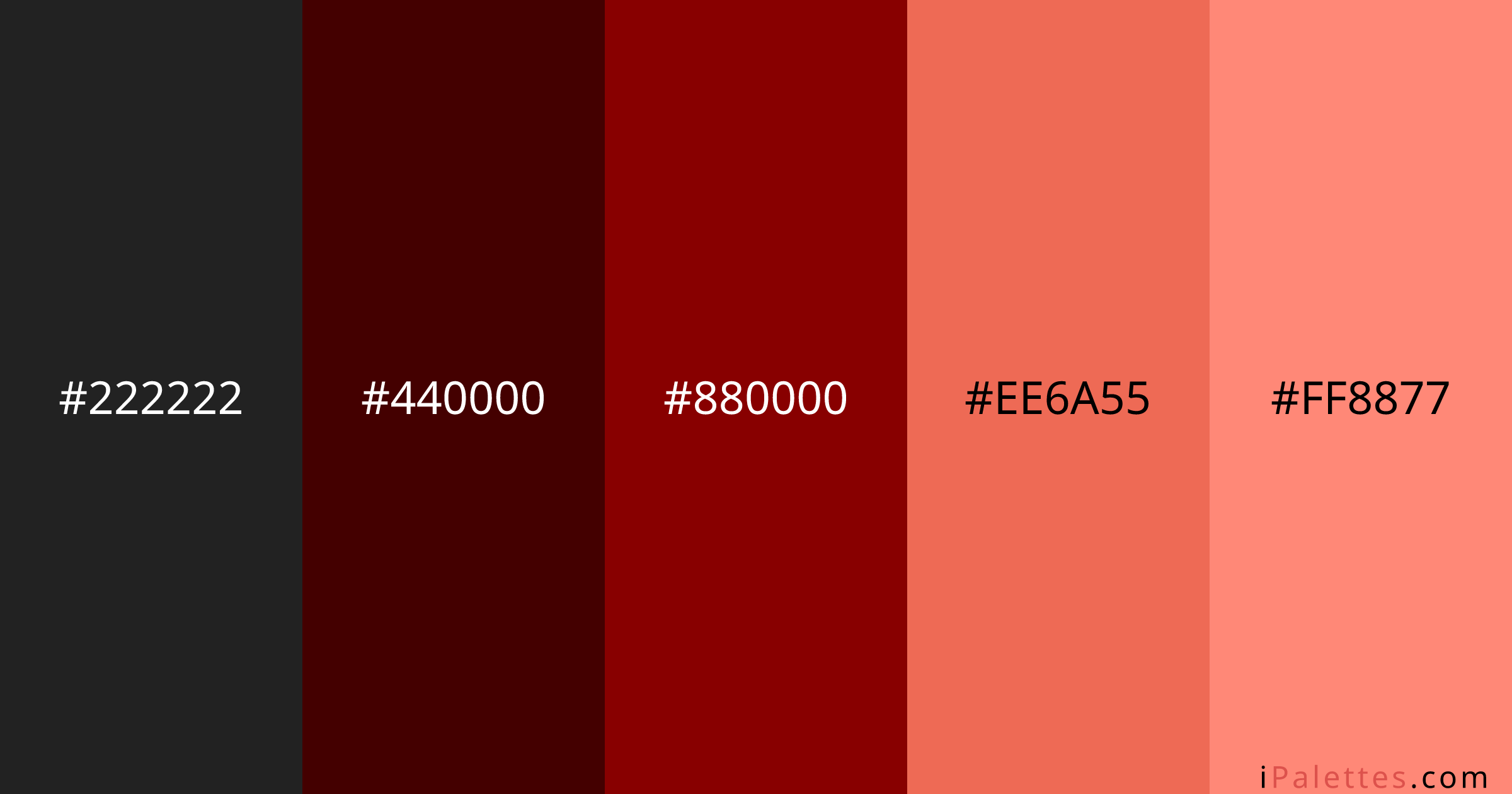 Hardcore Color Palette and colors #222222 #440000 #880000 #ee6a55 # ...