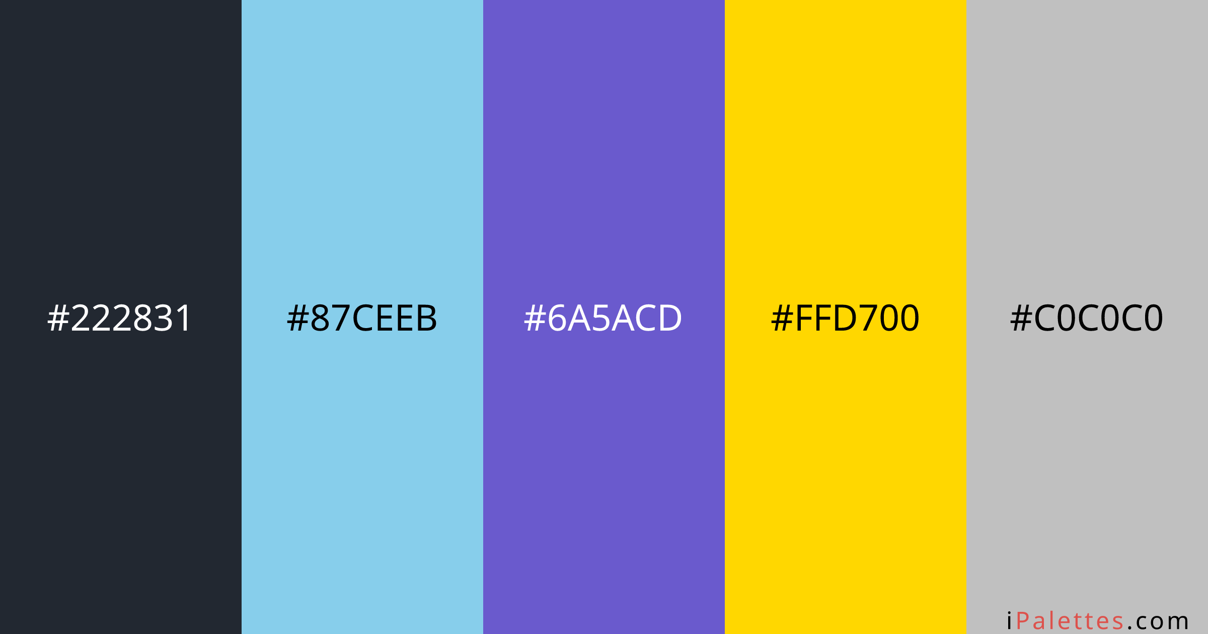 Cosmo Color Palette and colors #222831 #87ceeb #6a5acd #ffd700 #c0c0c0 ...