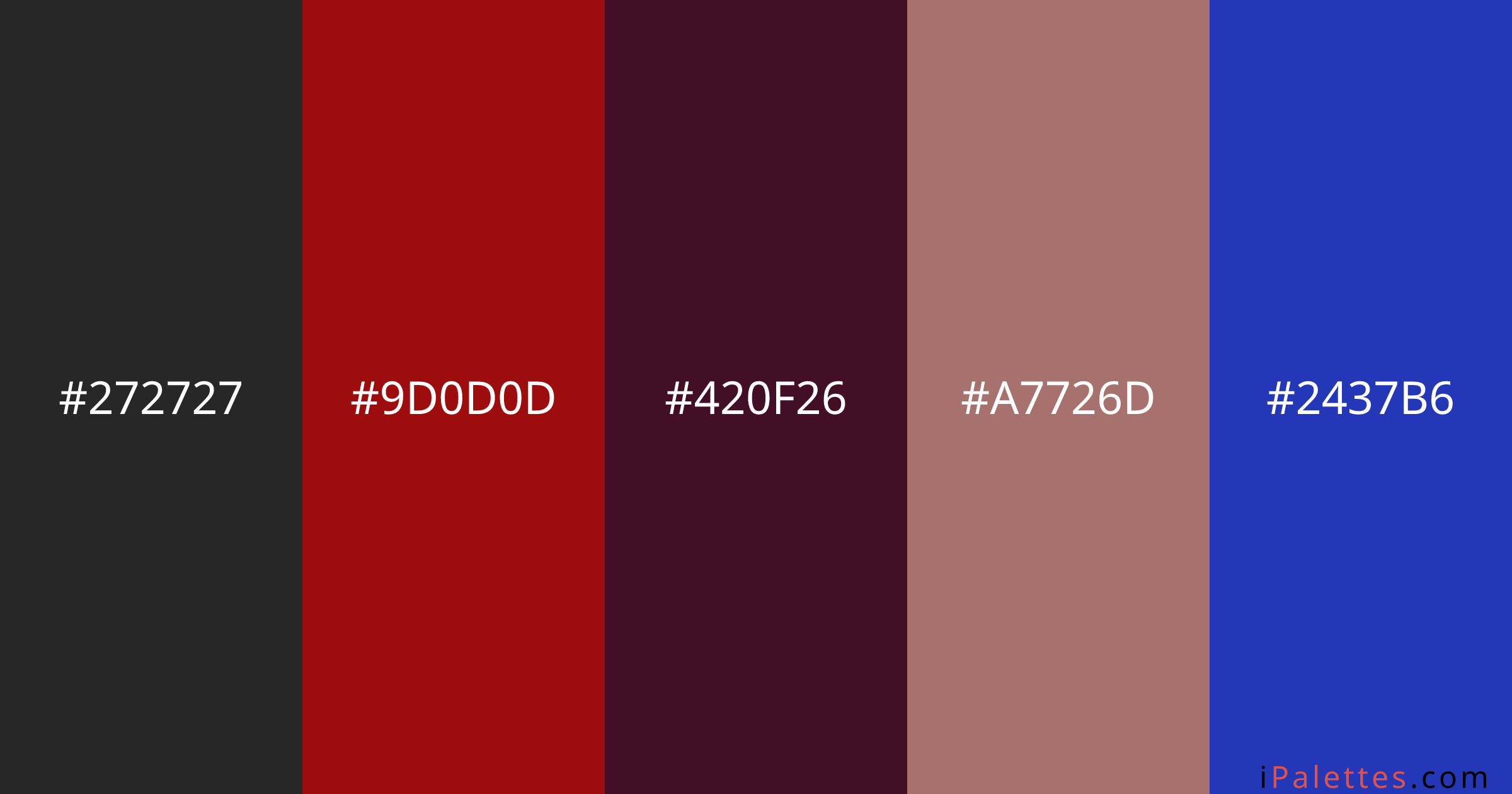 Dramatic Color Palette and colors #272727 #9d0d0d #420f26 #a7726d ...