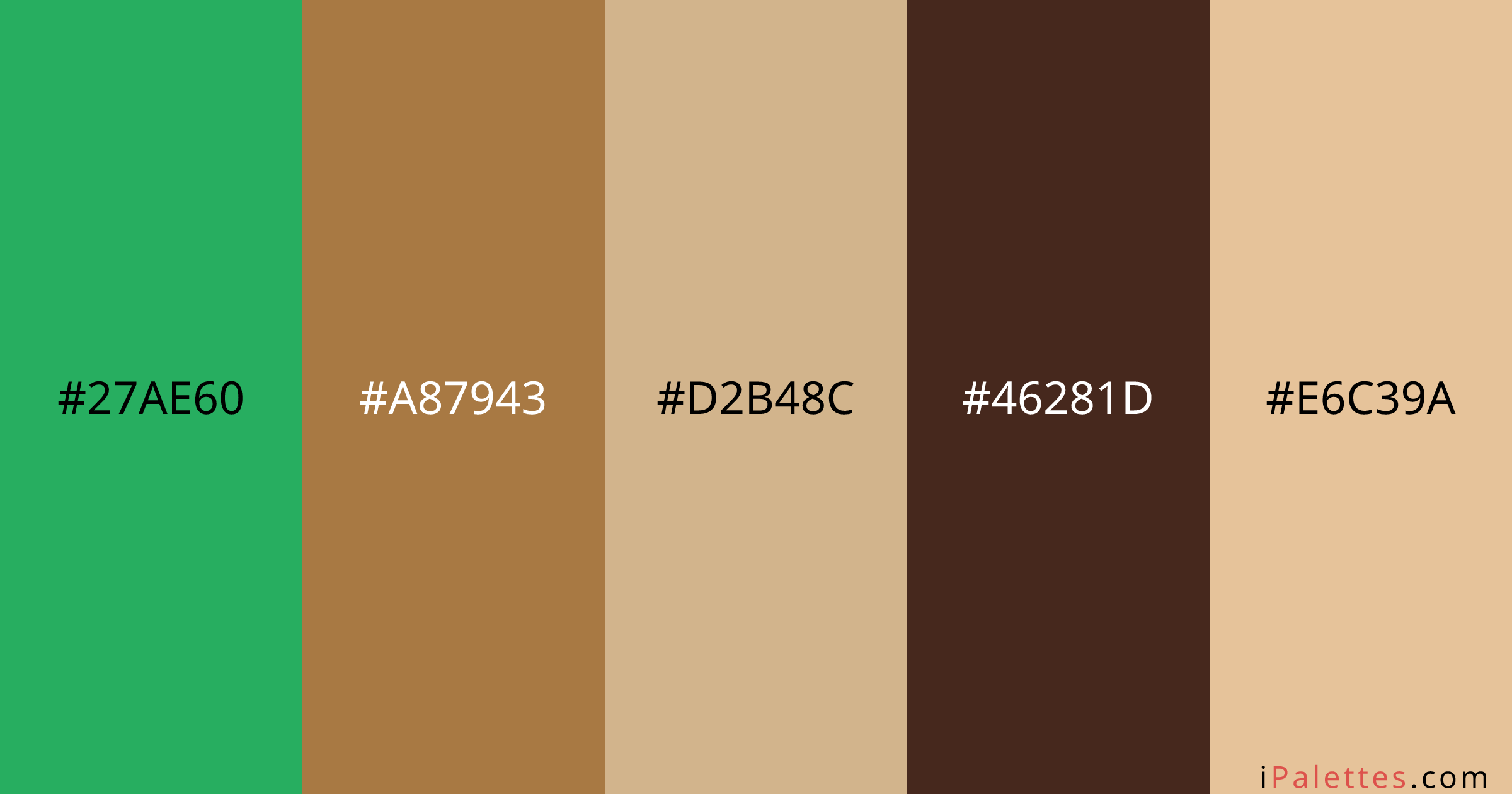 Runi Color Palette and colors #27ae60 #a87943 #d2b48c #46281d #e6c39a ...