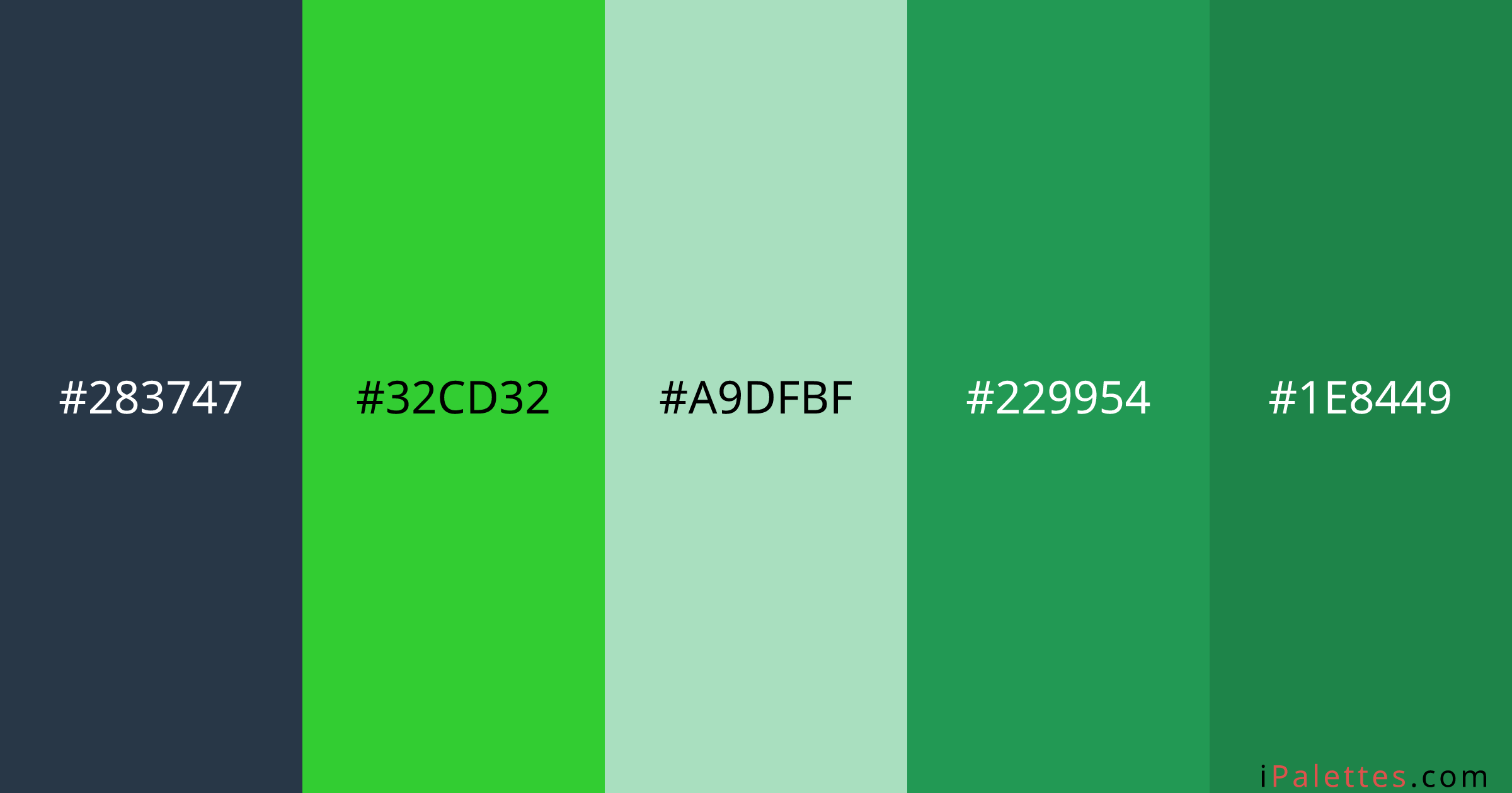 Emerald Green Color Palette and colors #283747 #32CD32 #A9DFBF #229954 ...