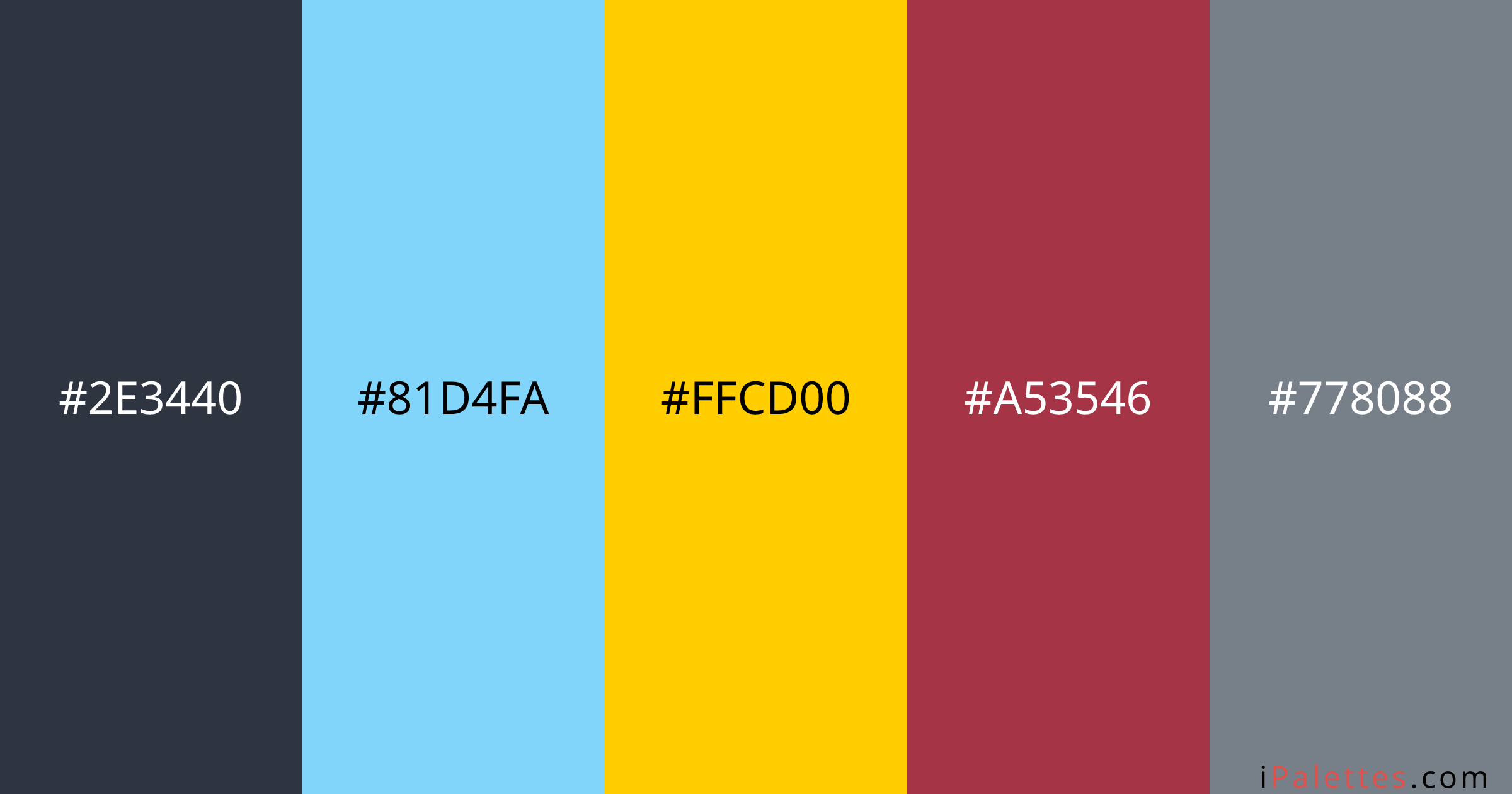 Boxten Color Palette and colors #2e3440 #81d4fa #ffcd00 #a53546 #778088 ...