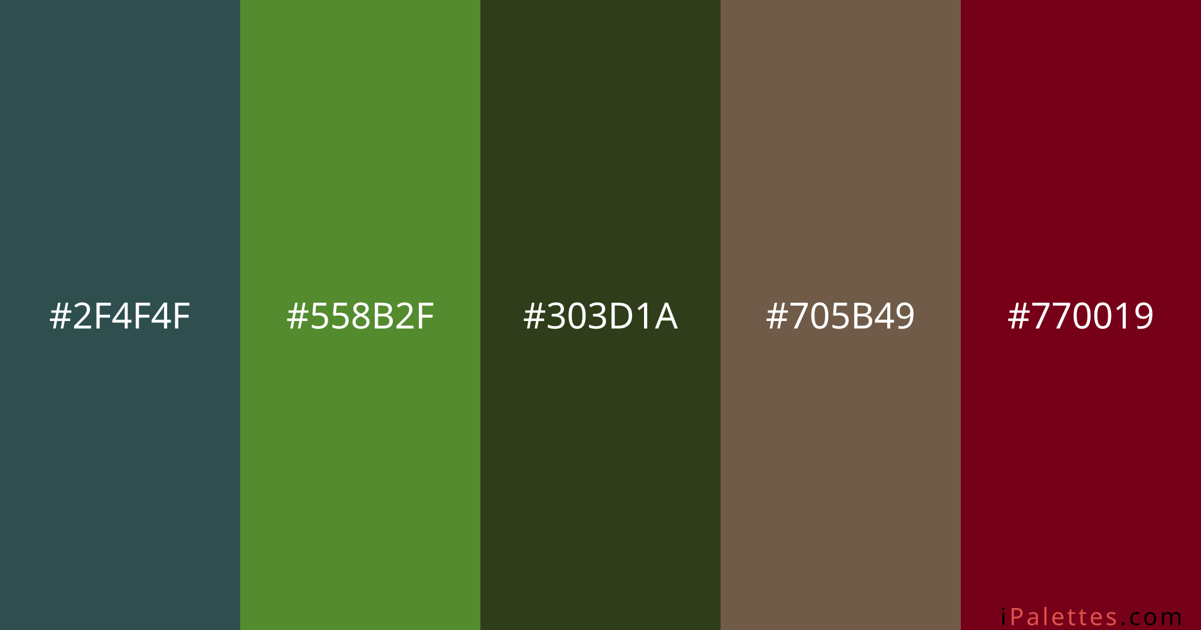 Dark jungle Color Palette and colors #2f4f4f #558b2f #303d1a #705b49 ...