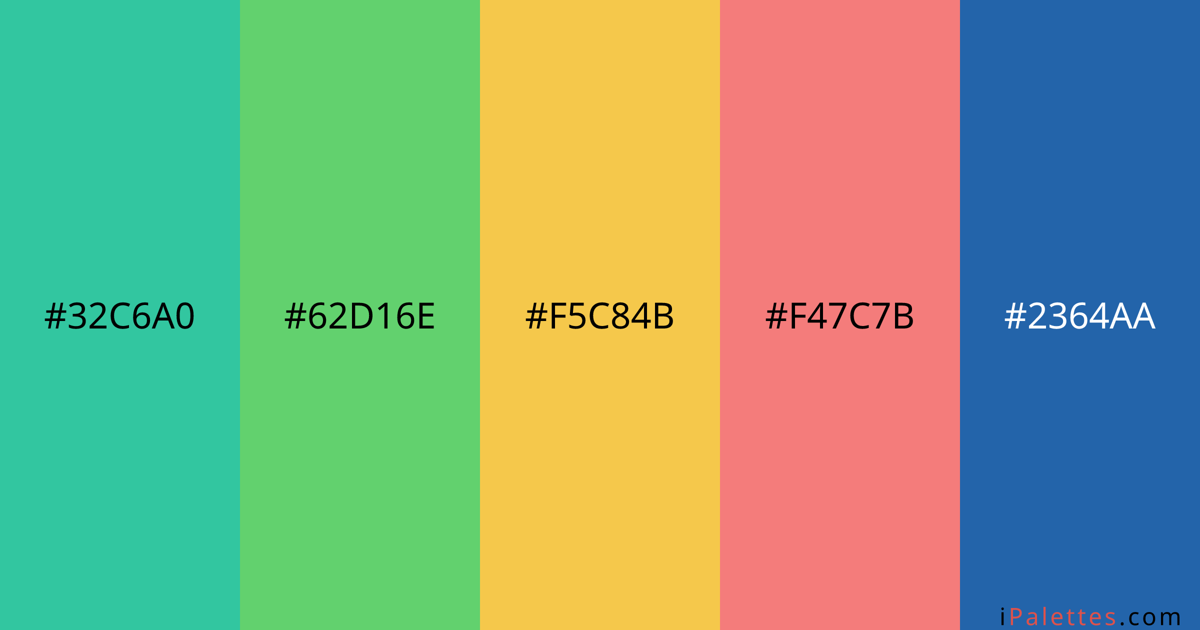 Tropical Color Palette and colors #32C6A0 #62D16E #F5C84B #F47C7B ...