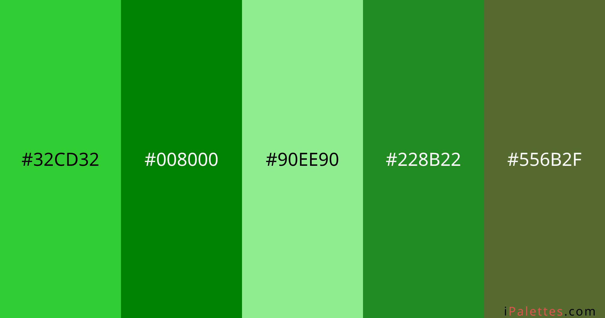Green Color Palette and colors #32cd32 #008000 #90ee90 #228b22 #556b2f ...