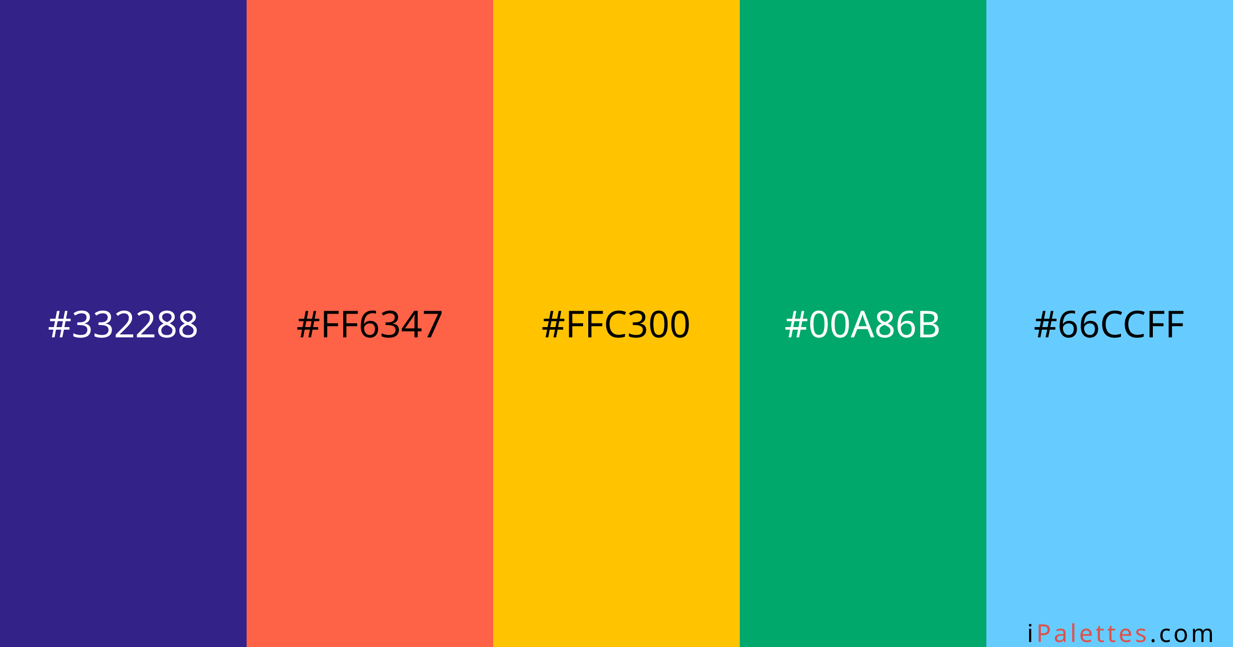 Nibba Color Palette and colors #332288 #ff6347 #ffc300 #00a86b #66ccff ...