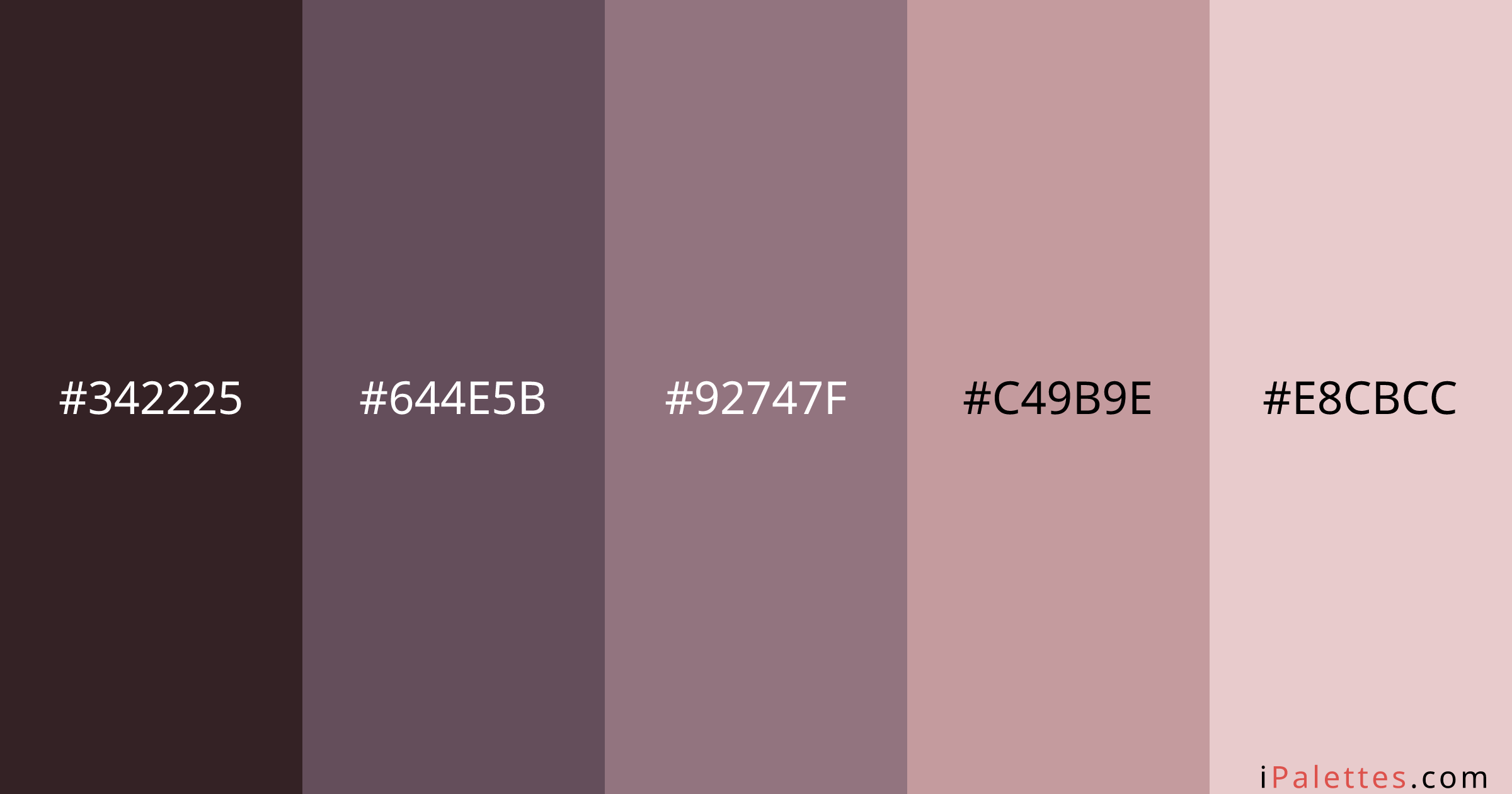 Somber Color Palette and colors #342225 #644e5b #92747f #c49b9e #e8cbcc ...