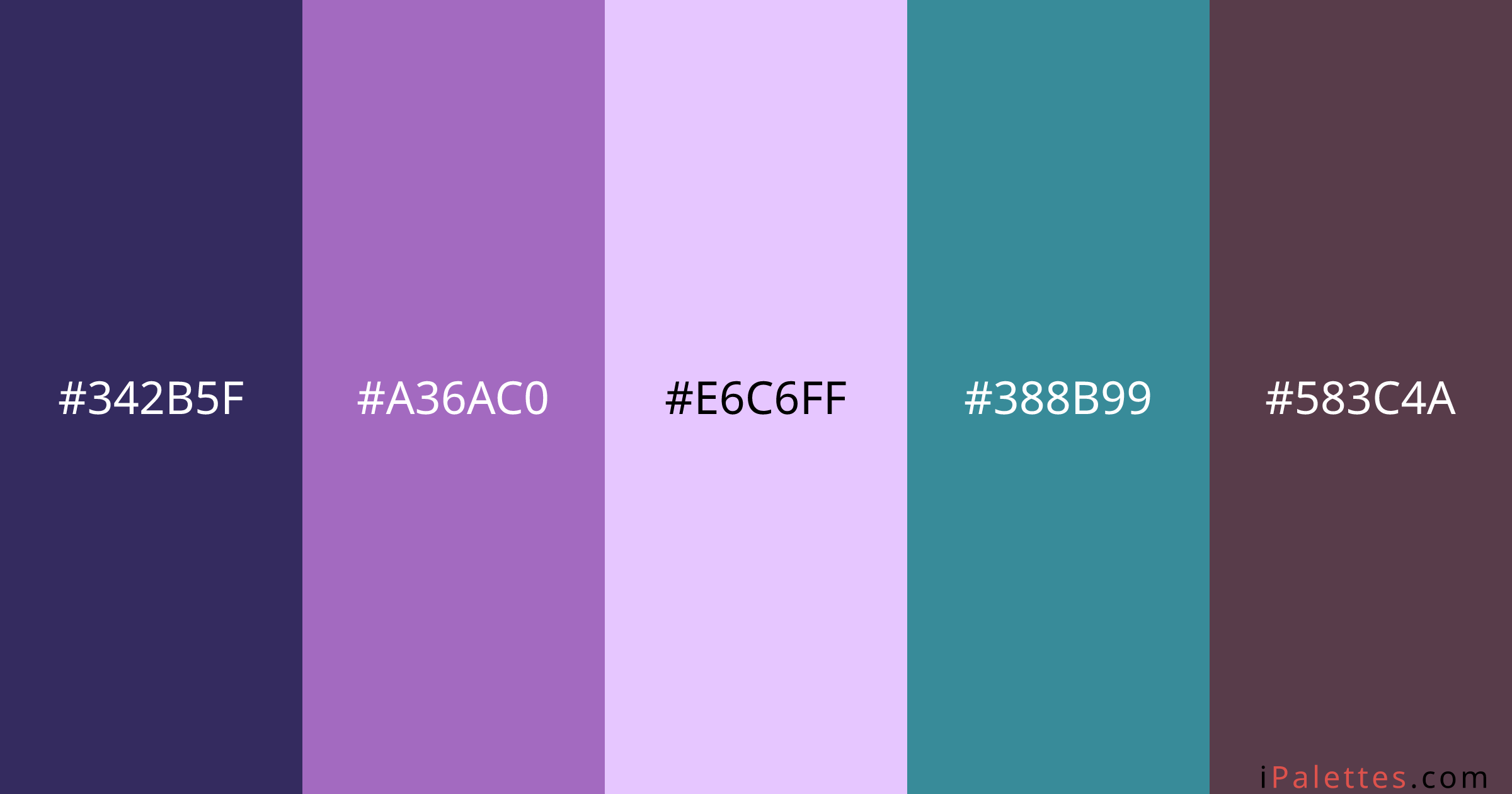 Blizo Color Palette and colors #342b5f #a36ac0 #e6c6ff #388b99 #583c4a ...