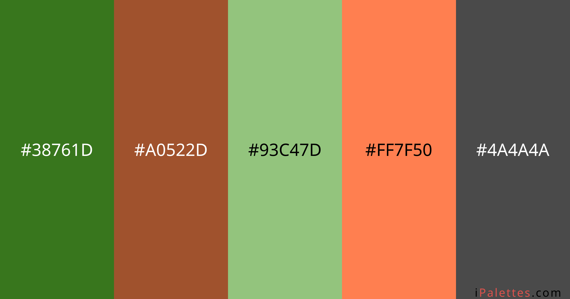 Tanzee Color Palette and colors #38761D #A0522D #93C47D #FF7F50 #4A4A4A ...