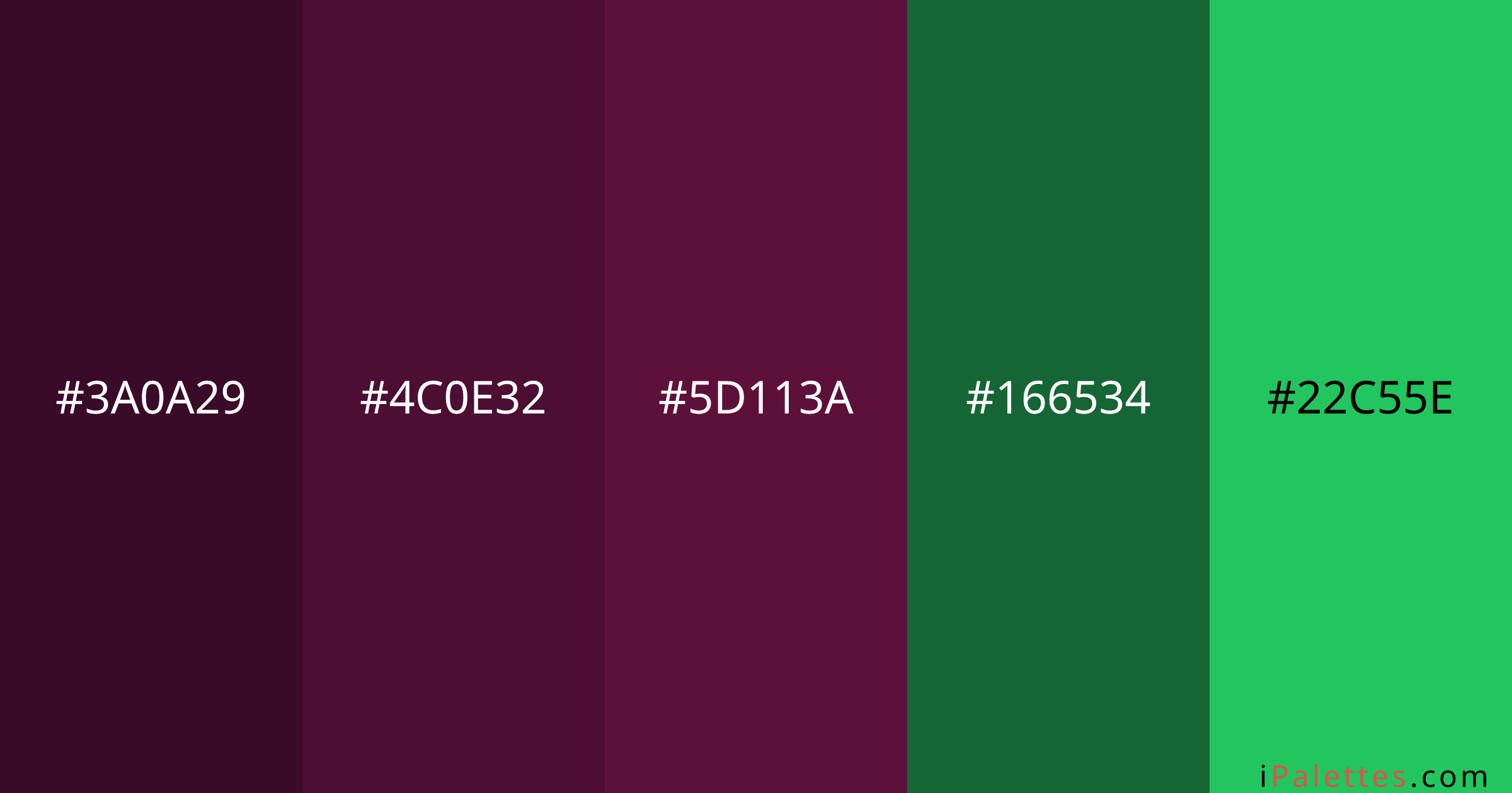 Dark purple and green Color Palette and colors #3A0A29 #4C0E32 #5D113A ...