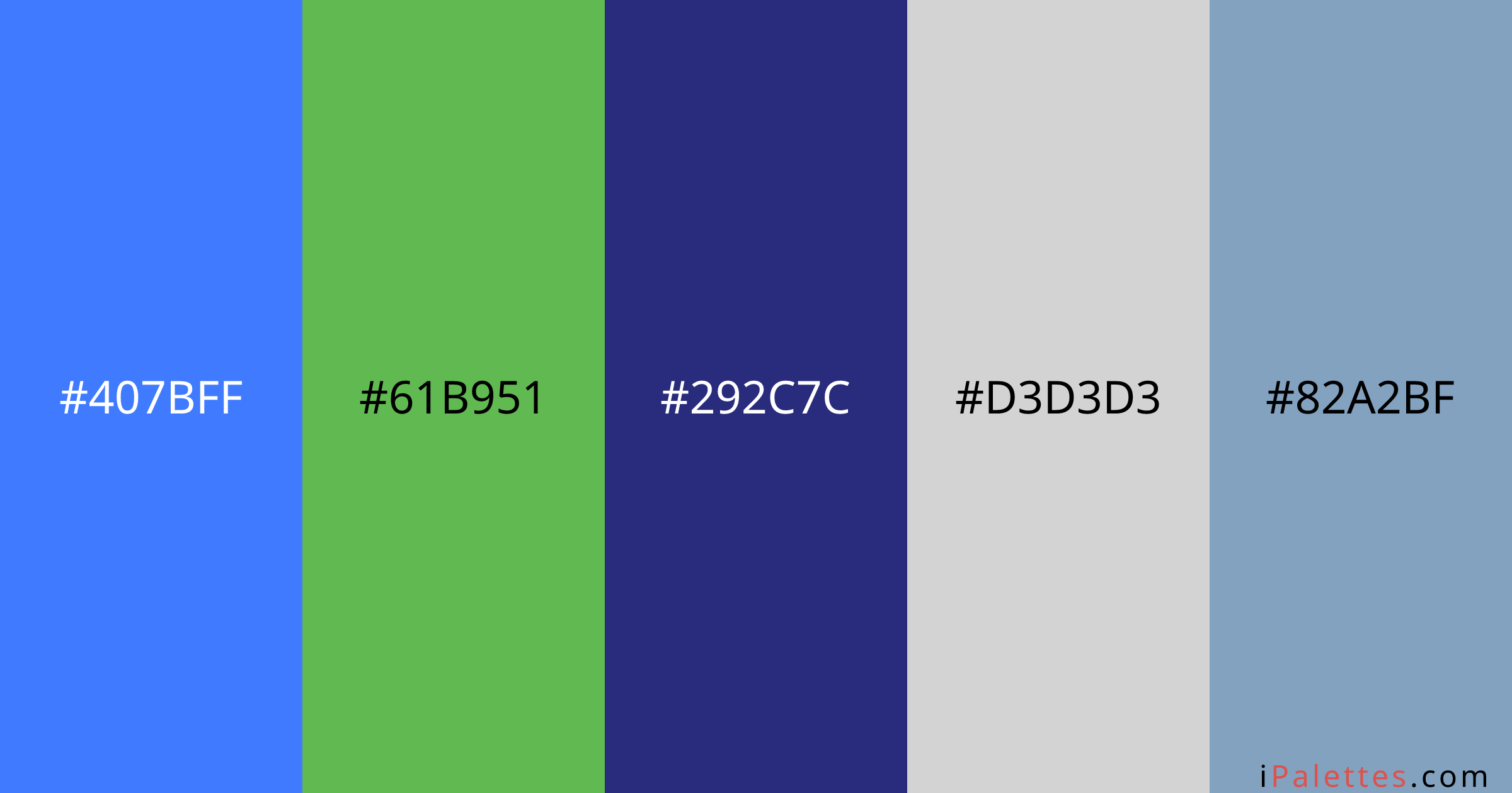 Finn Color Palette and colors #407bff #61b951 #292c7c #d3d3d3 #82a2bf ...