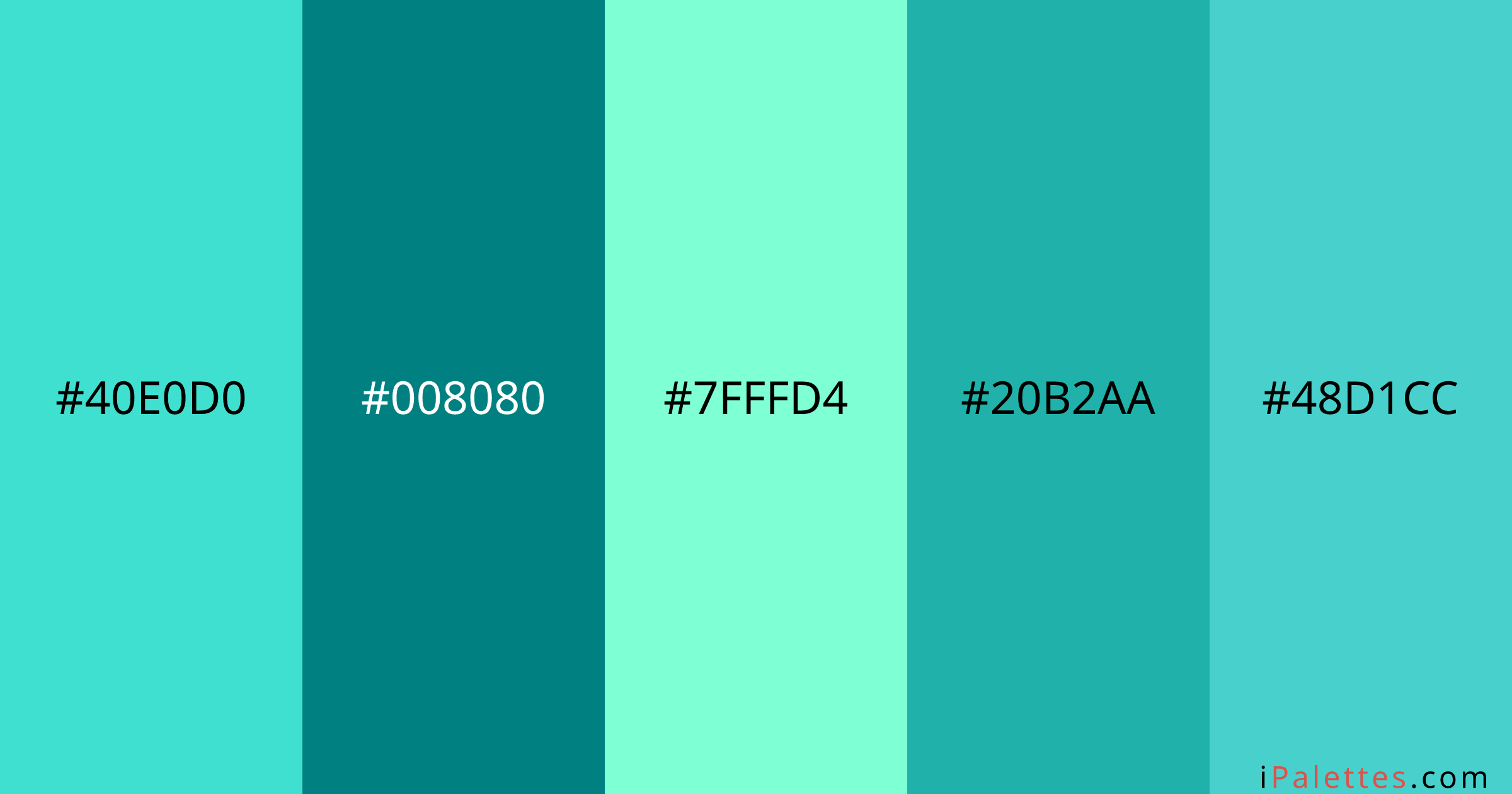 Mermaid Color Palette and colors #40E0D0 #008080 #7FFFD4 #20B2AA ...
