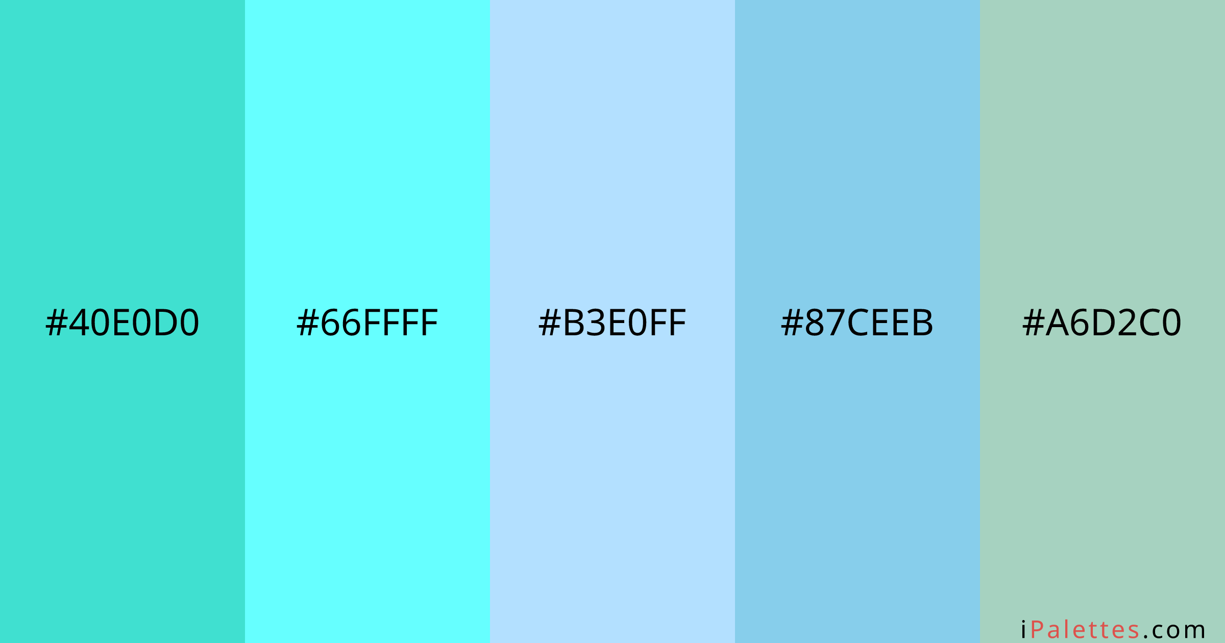 40E0D0 Color Palette and colors #40e0d0 #66ffff #b3e0ff #87ceeb #a6d2c0 ...