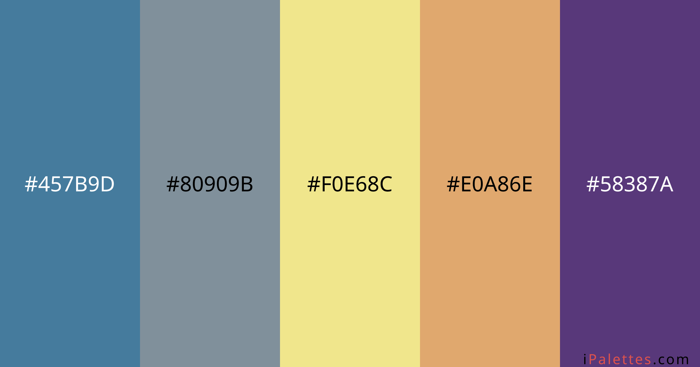 Dandy Color Palette and colors #457b9d #80909b #f0e68c #e0a86e #58387a ...