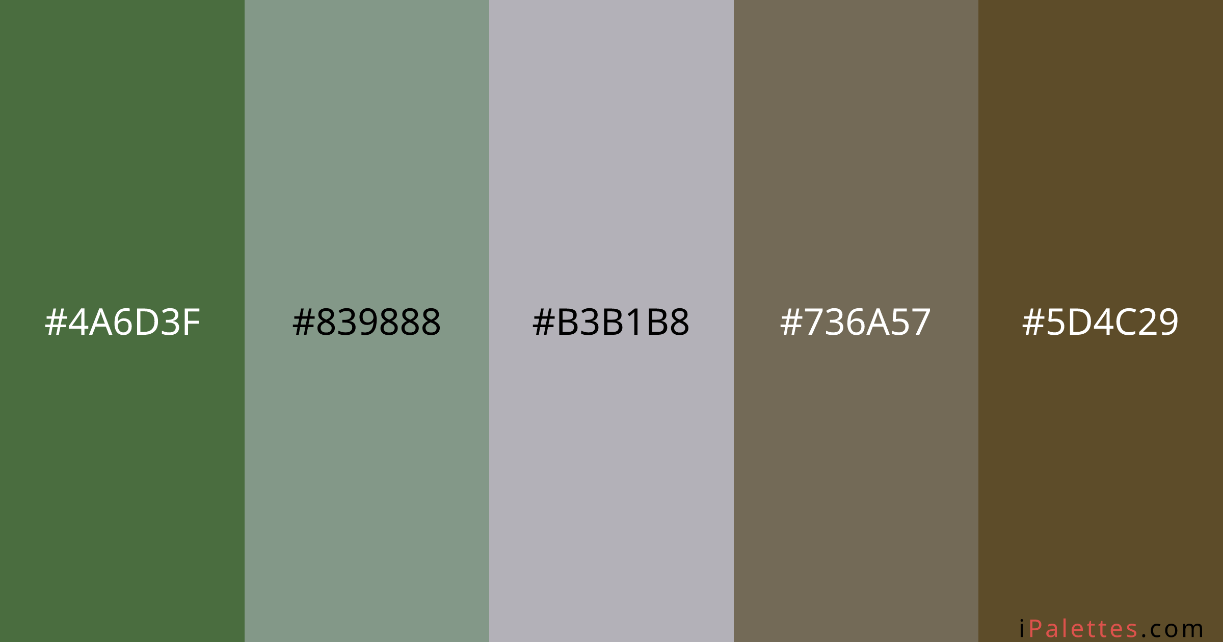 Forest Trail Color Palette and colors #4A6D3F #839888 #B3B1B8 #736A57 ...