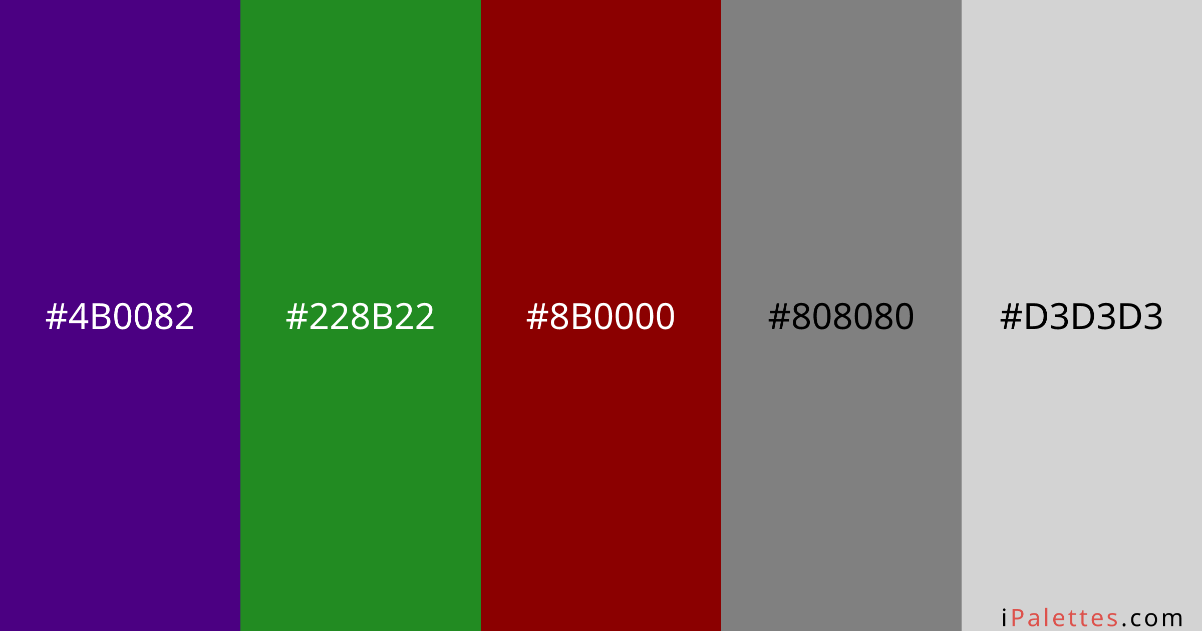 Joker Color Palette and colors #4B0082 #228B22 #8B0000 #808080 #D3D3D3 ...
