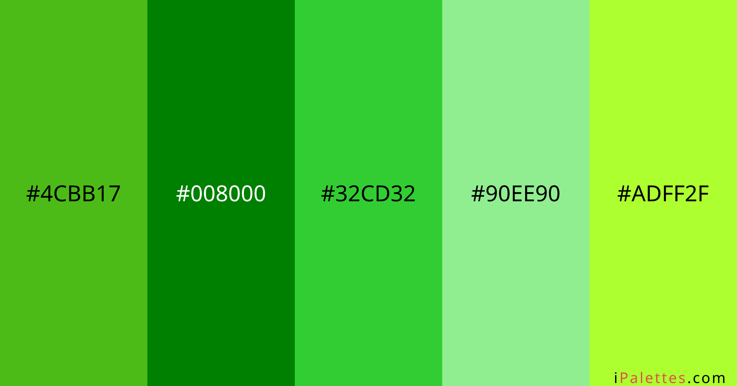 Kelly green Color Palette and colors #4CBB17 #008000 #32CD32 #90EE90 # ...
