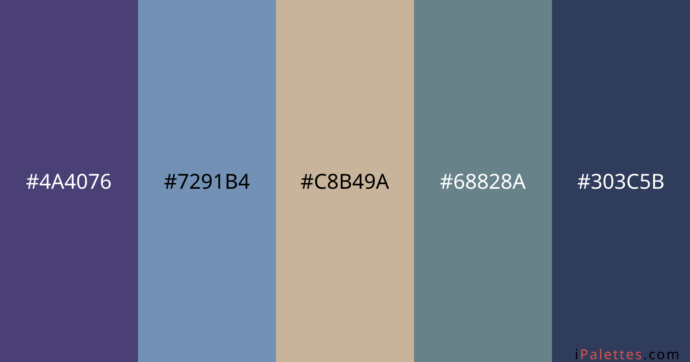Quality Color Palette and colors #4a4076 #7291b4 #c8b49a #68828a ...
