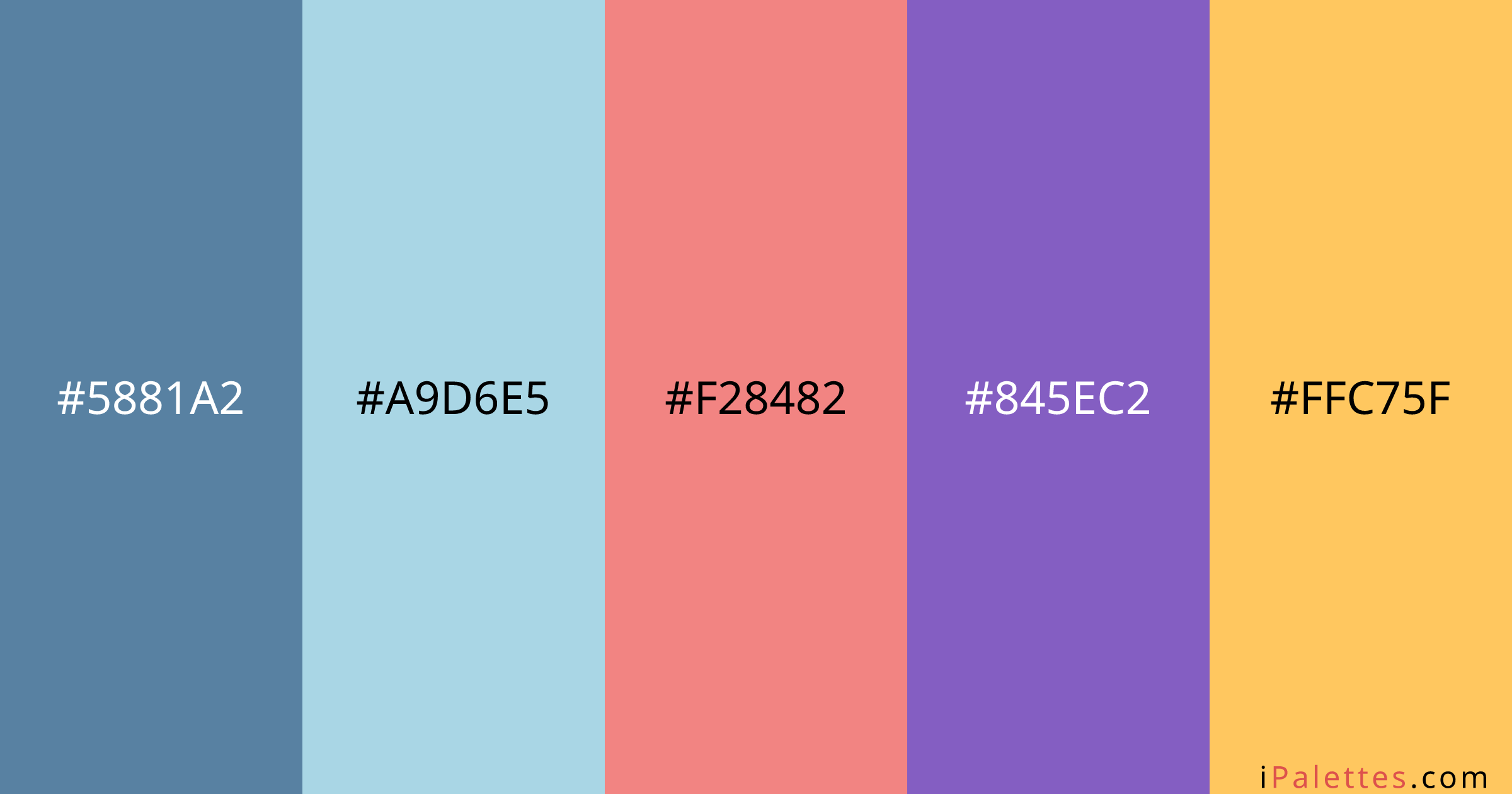 Jinx Hair Color Palette and colors #5881A2 #A9D6E5 #F28482 #845EC2 # ...