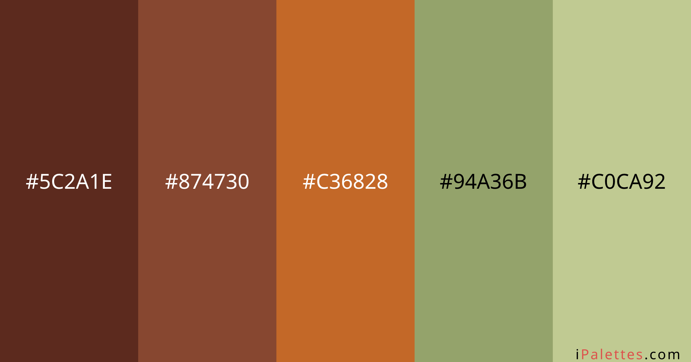 Hazel Color Palette and colors #5C2A1E #874730 #C36828 #94A36B #C0CA92 ...