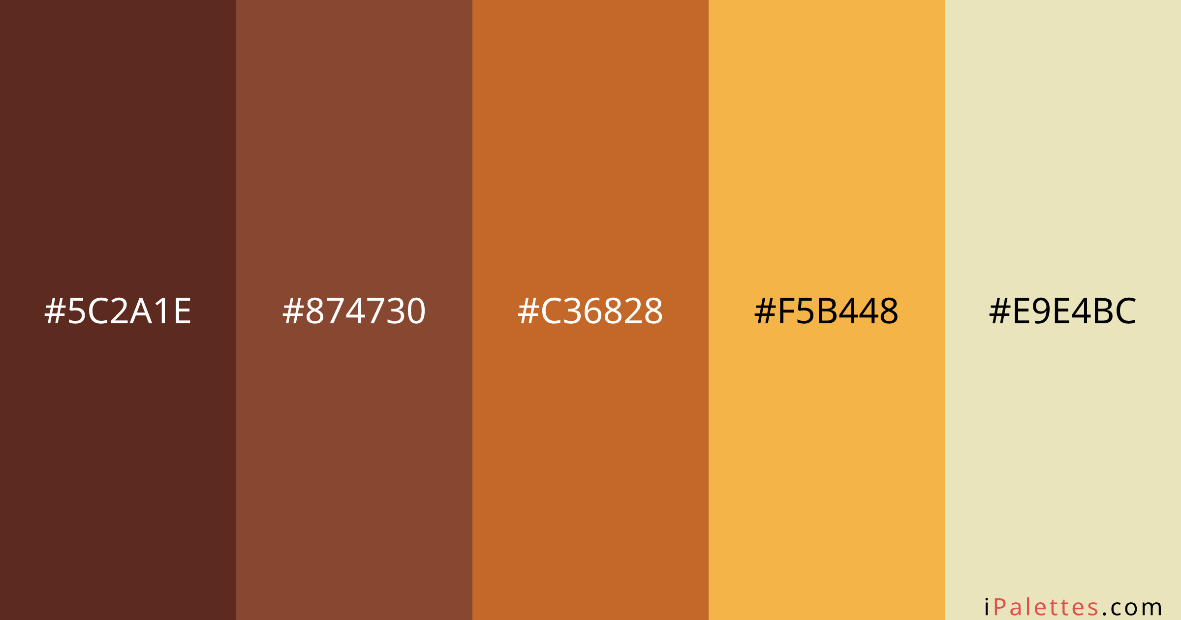Clay Color Palette and colors #5C2A1E #874730 #C36828 #F5B448 #E9E4BC ...