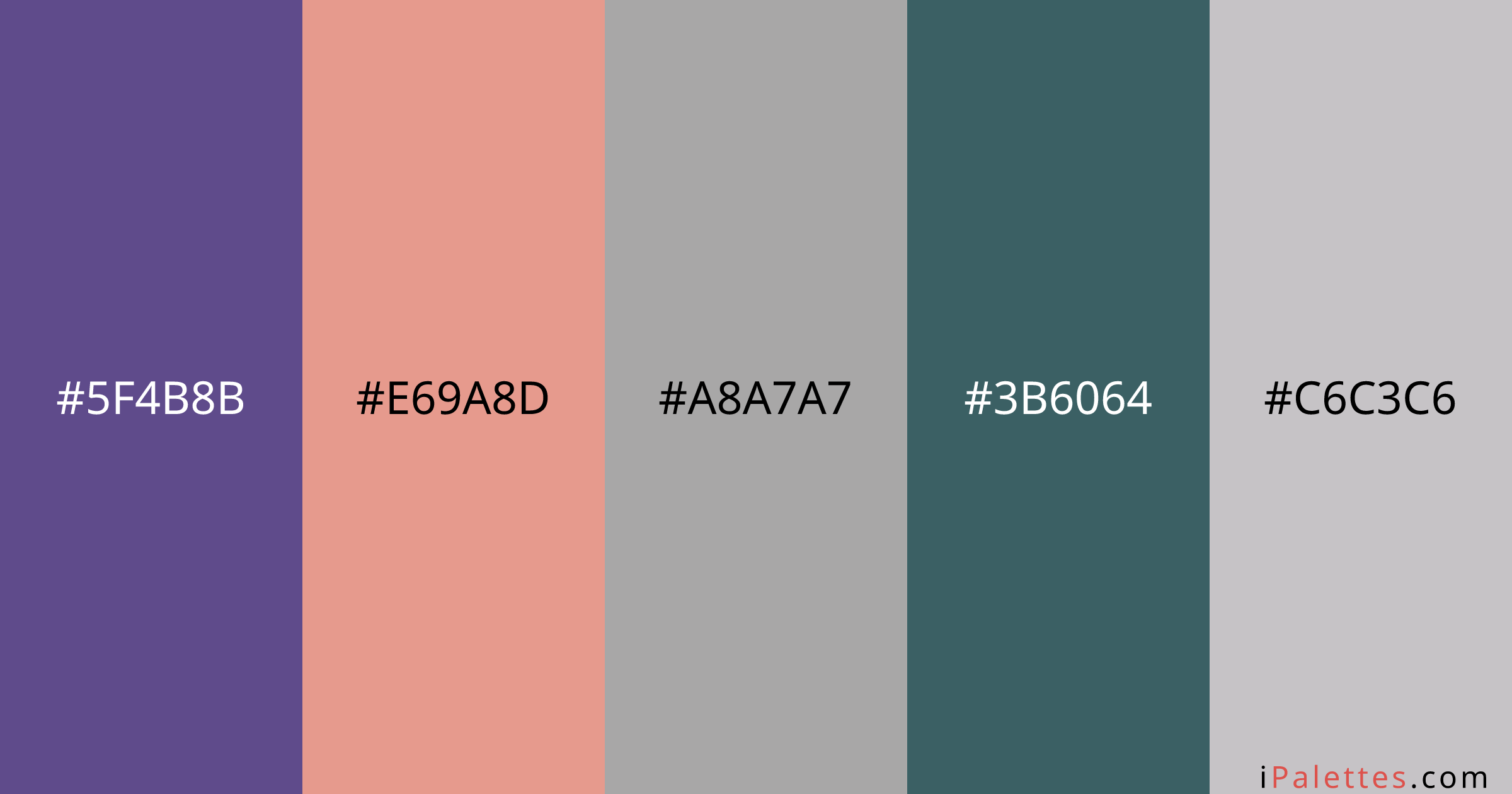 The Studio Color Palette and colors #5F4B8B #E69A8D #A8A7A7 #3B6064 # ...