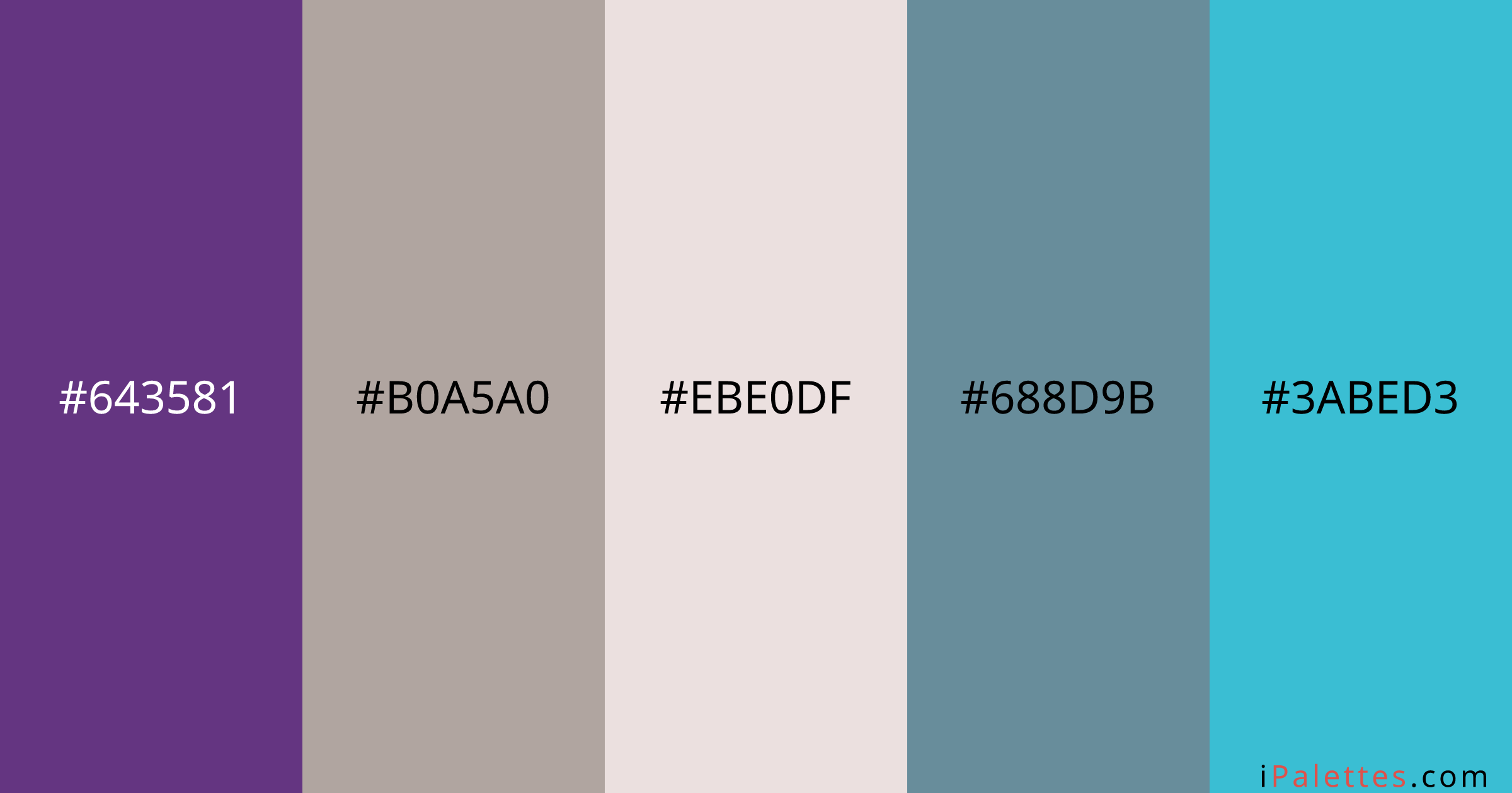 Elegancia Color Palette and colors #643581 #b0a5a0 #ebe0df #688d9b ...
