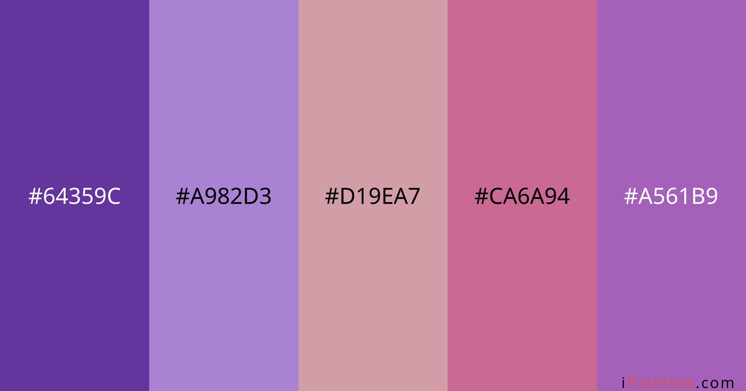 Arcane Color Palette and colors #64359c #a982d3 #d19ea7 #ca6a94 #a561b9 ...
