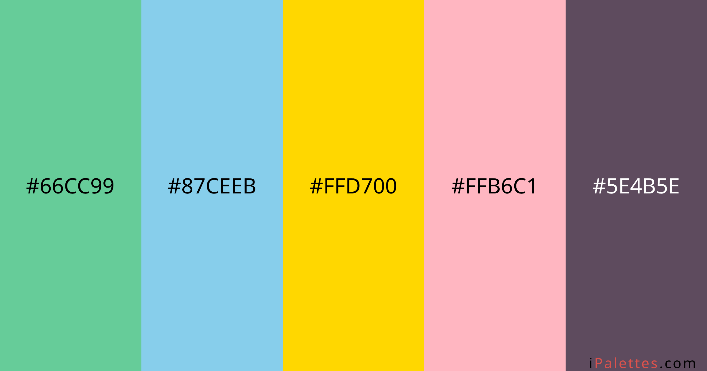 June Color Palette and colors #66CC99 #87CEEB #FFD700 #FFB6C1 #5E4B5E ...