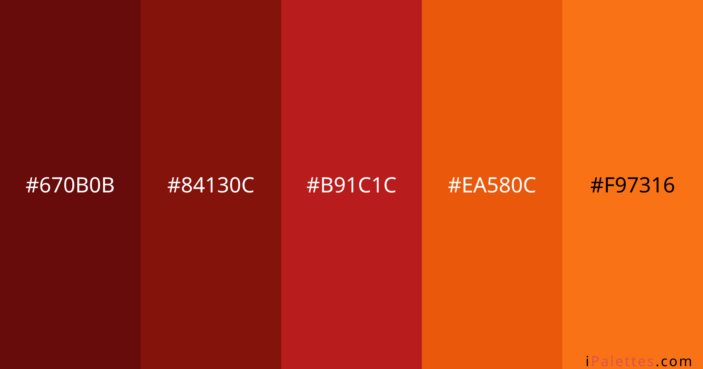 Lava Color Palette and colors #670B0B #84130C #B91C1C #EA580C #F97316 ...
